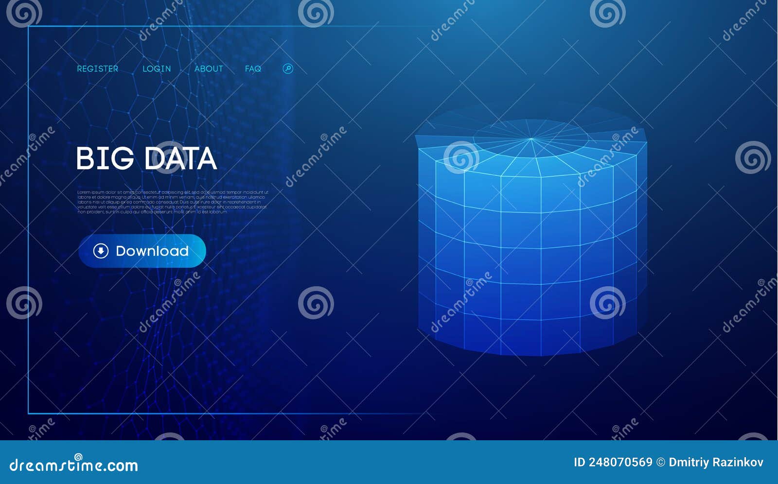 Bid Data Blue Background. Wireframe Cylinder Vector. Network Connection ...