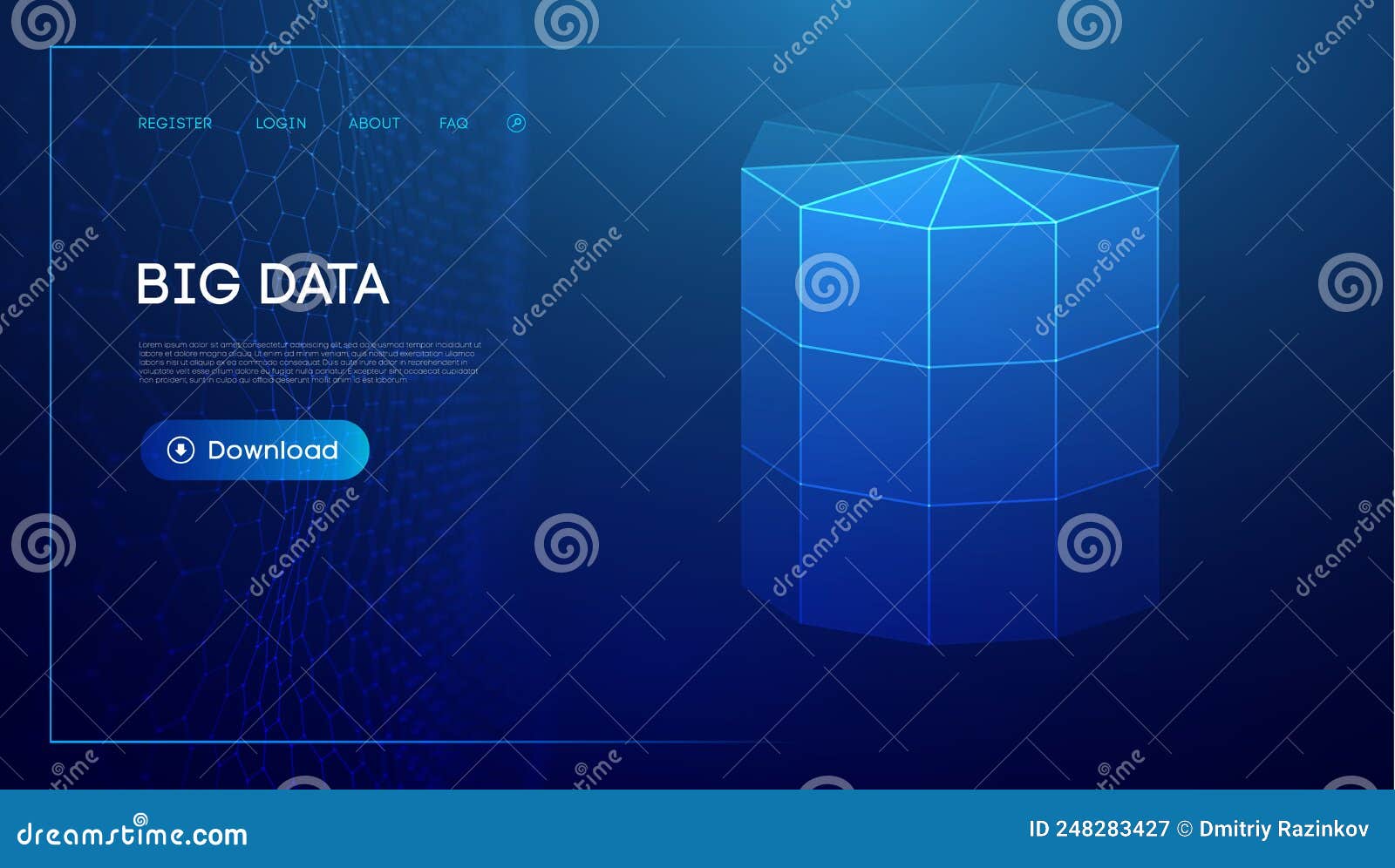 Bid Data Blue Background. Wireframe Cylinder Vector. Network Connection ...