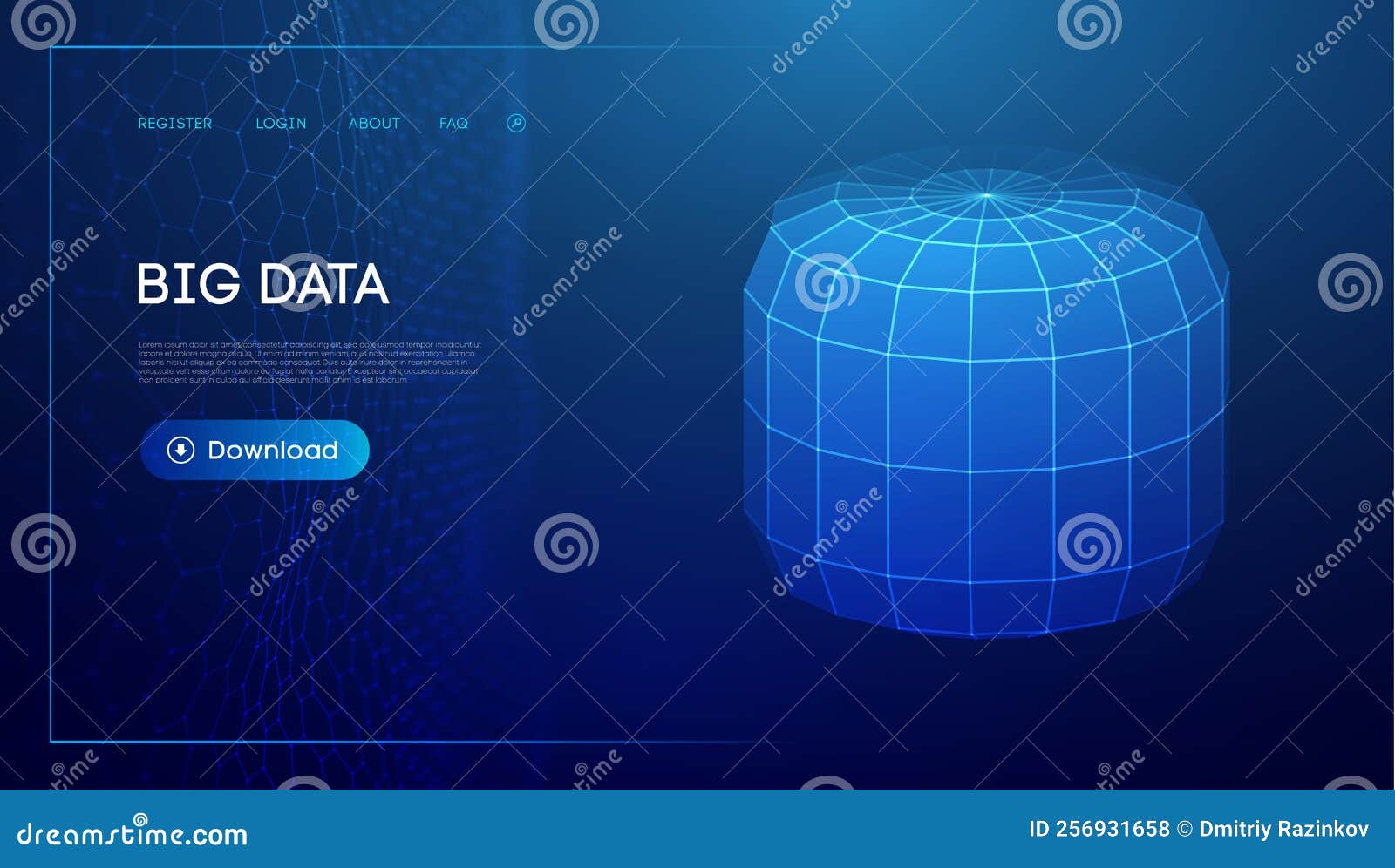 Bid Data Blue Background. Wireframe Cylinder Vector. Network Connection ...