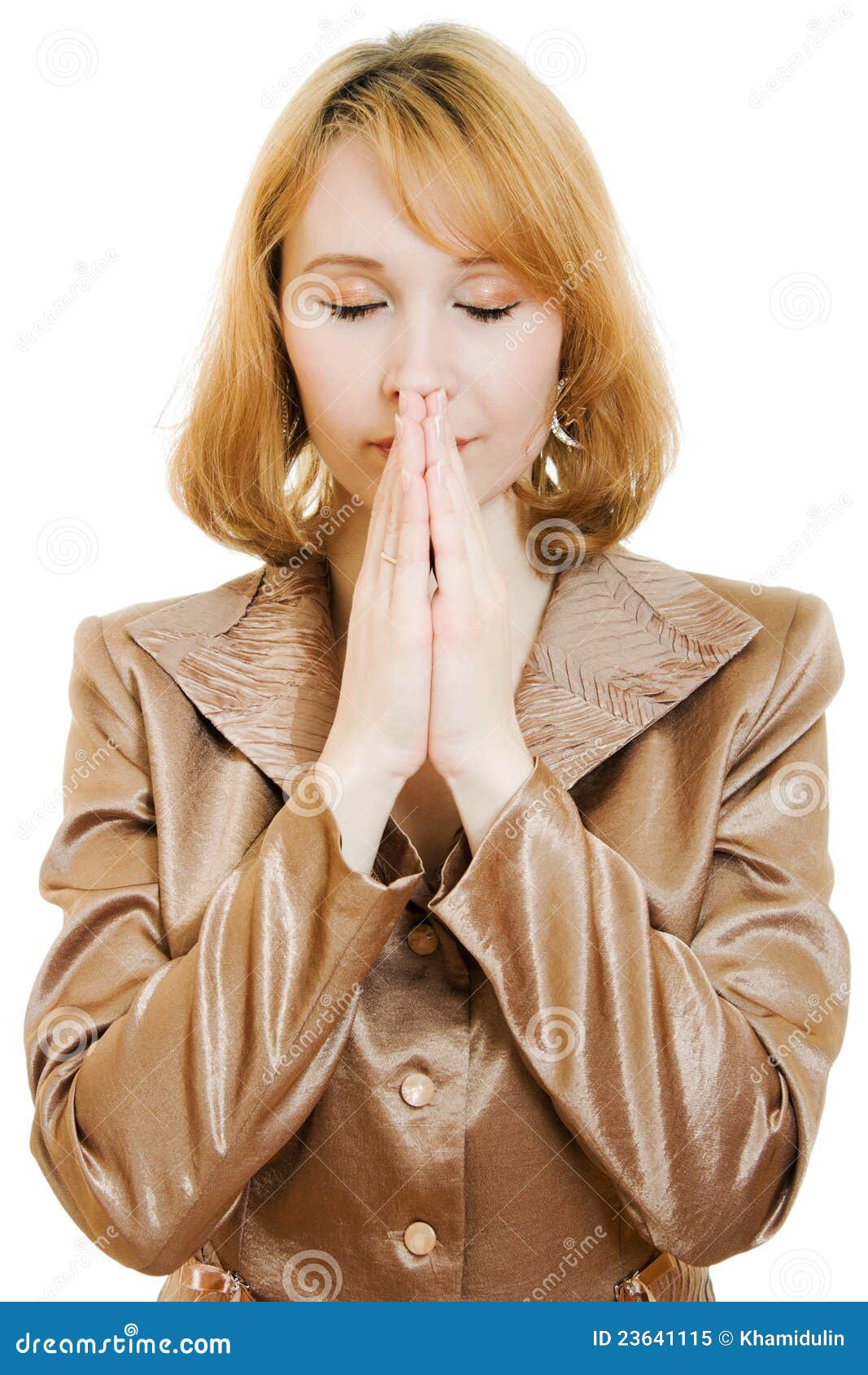 Biddende Vrouw in Pak Met Goud Stock Afbeelding - Image of kaukasisch ...