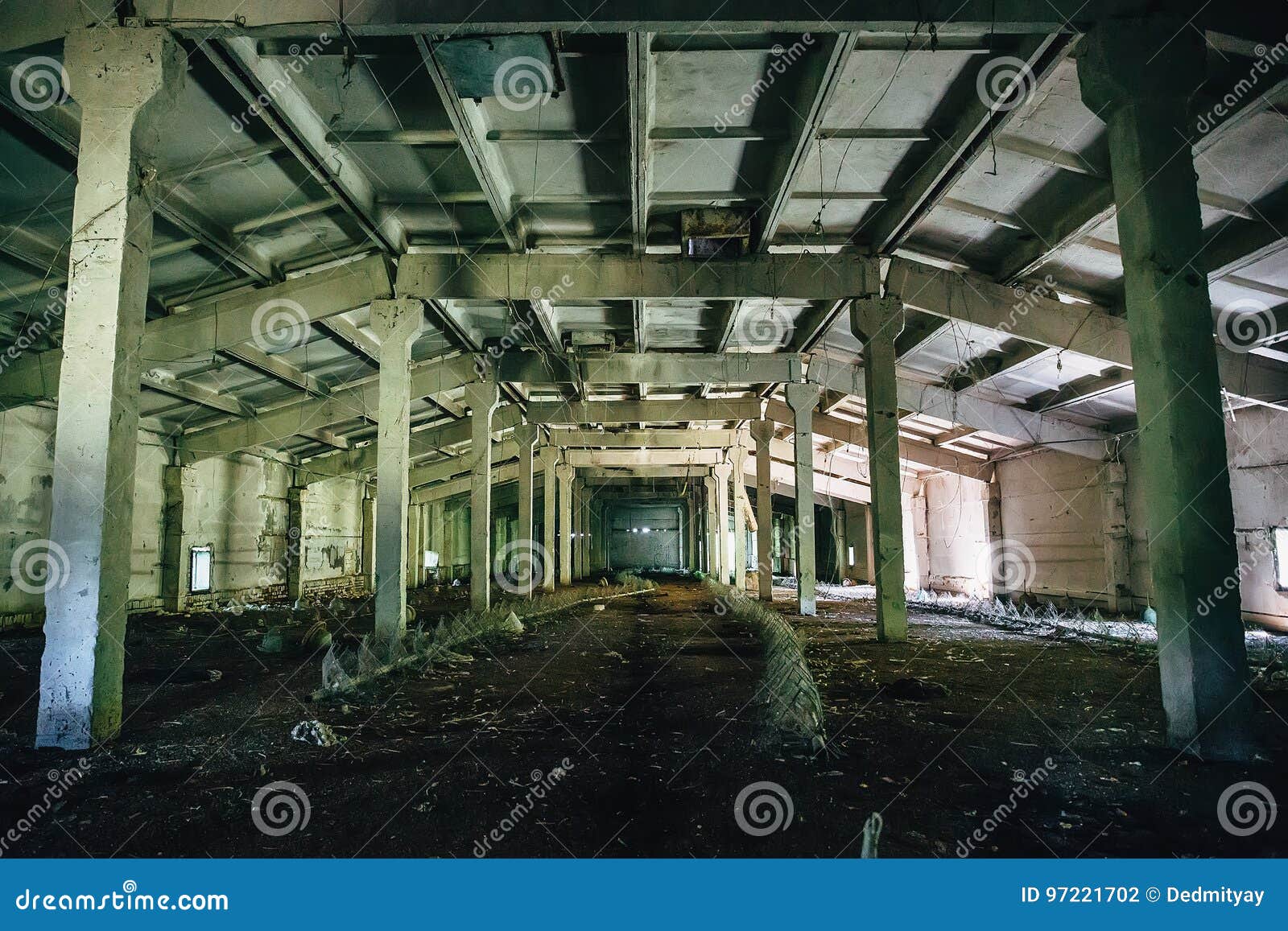 Big Abandoned Industrial Warehouse Interior Inside, Perspective Stock ...