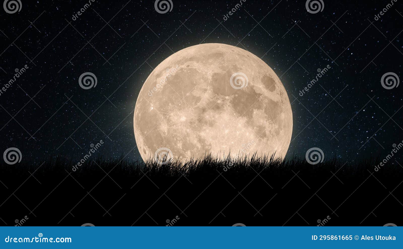 Big Amazing Full Moon with Grass and Starry Sky Stock Image - Image of ...