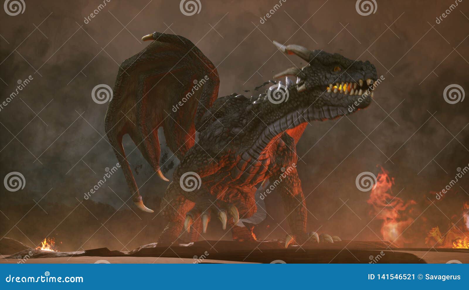 A Big Angry Dragon in the Desert is Fighting Off Its Enemies. 3D ...