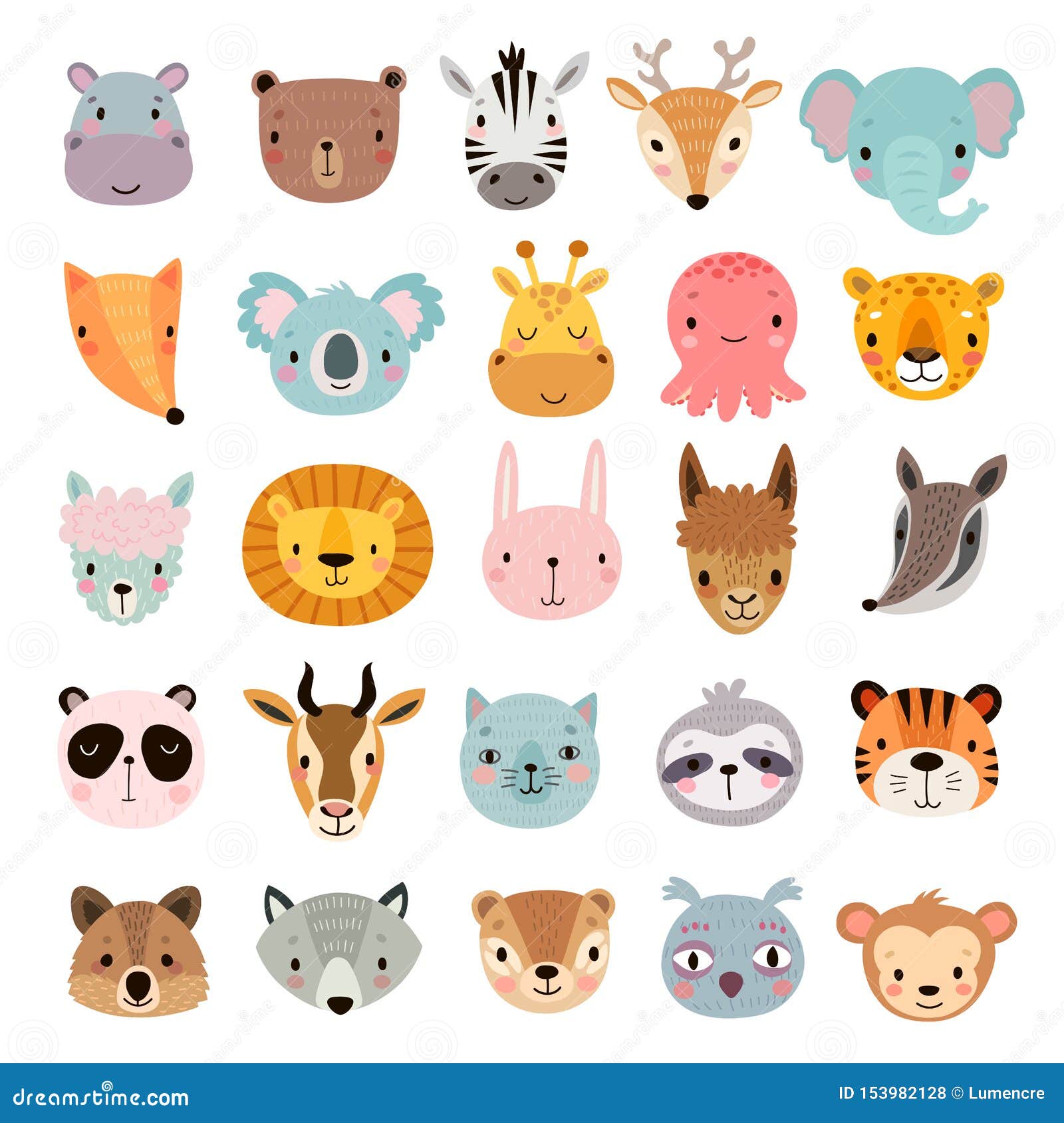 Big Animal Set. Cute Faces. Hand Drawn Characters Vector Illustration ...