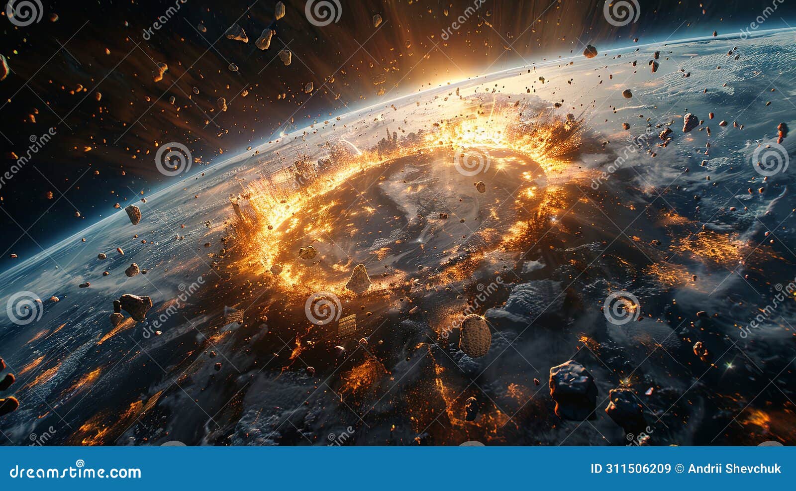 Big Asteroid Crashing on the Surface of an Earth Stock Illustration ...
