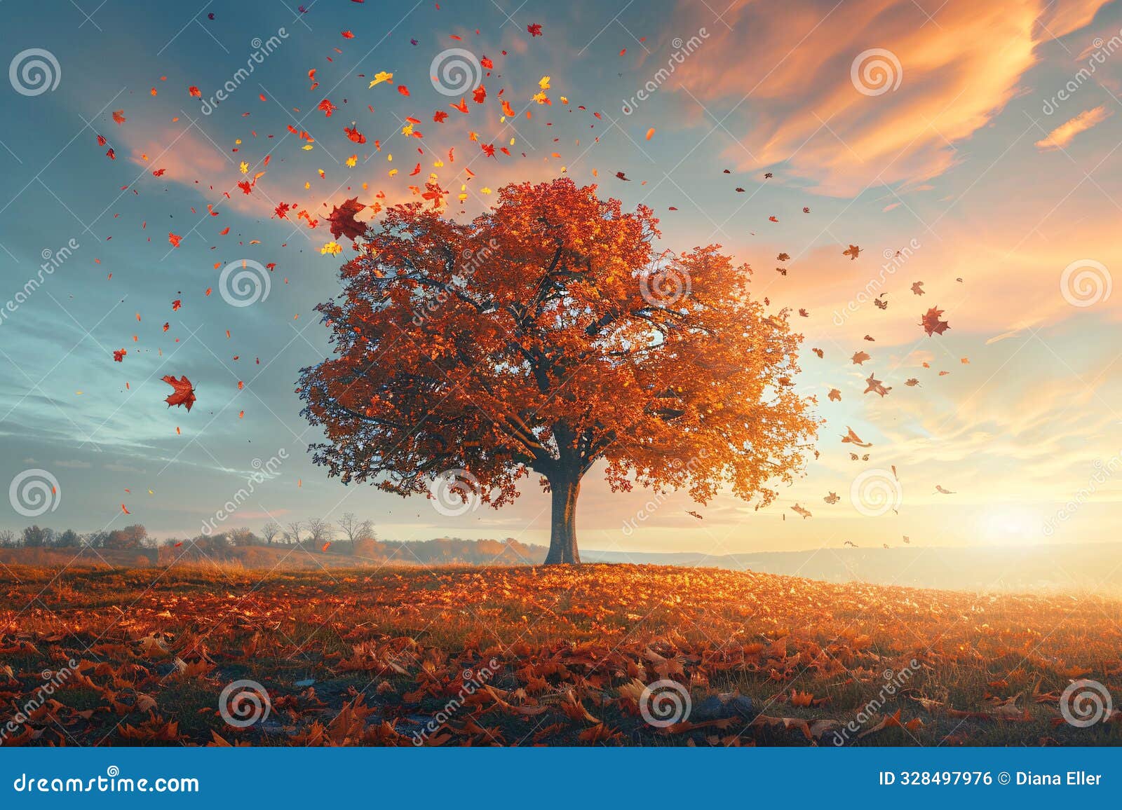 Big Autumn Tree with Colorful Leaves Over Sunset Background Stock ...