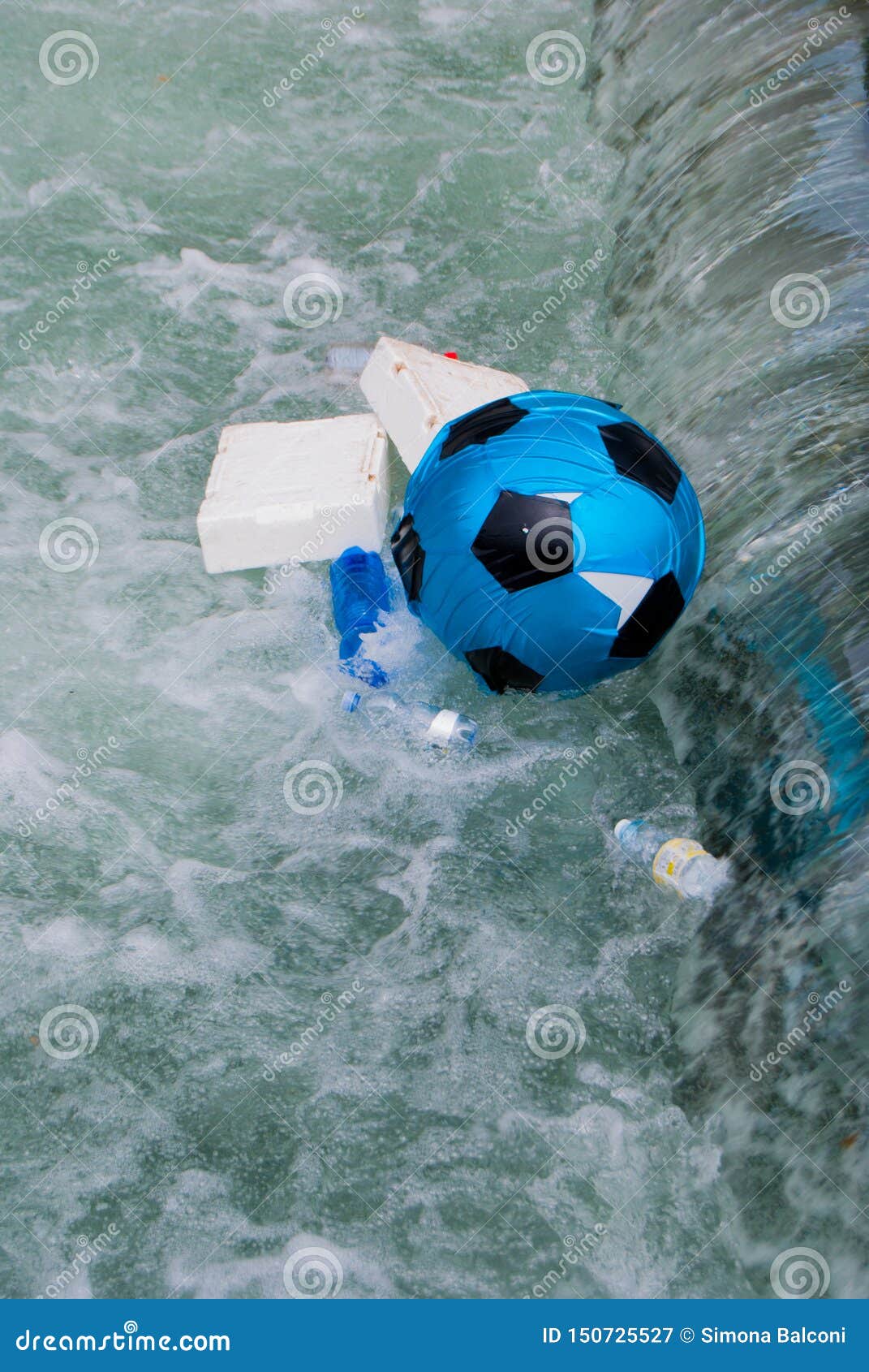 Big Ball and Plastics Bottles and White Boxes Floating Stock Image ...