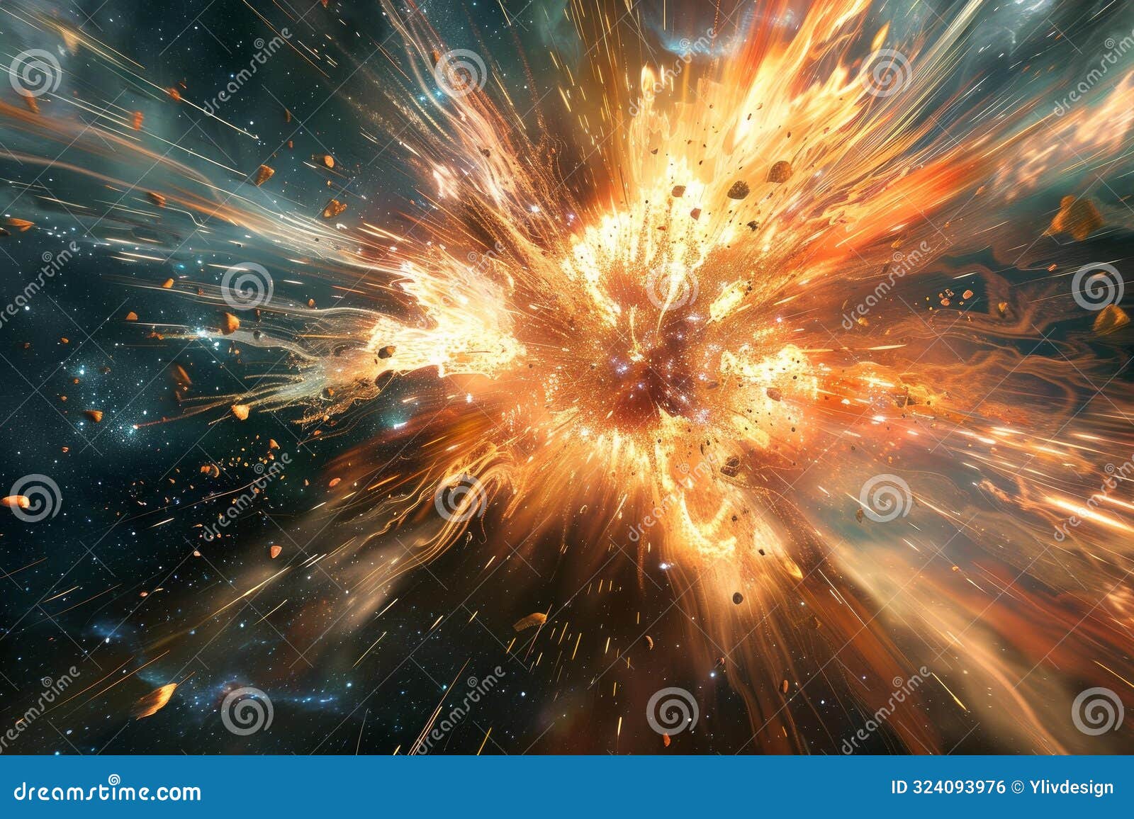 Big Bang Explosion with Debris Flying Toward the Viewer in Outer Space ...