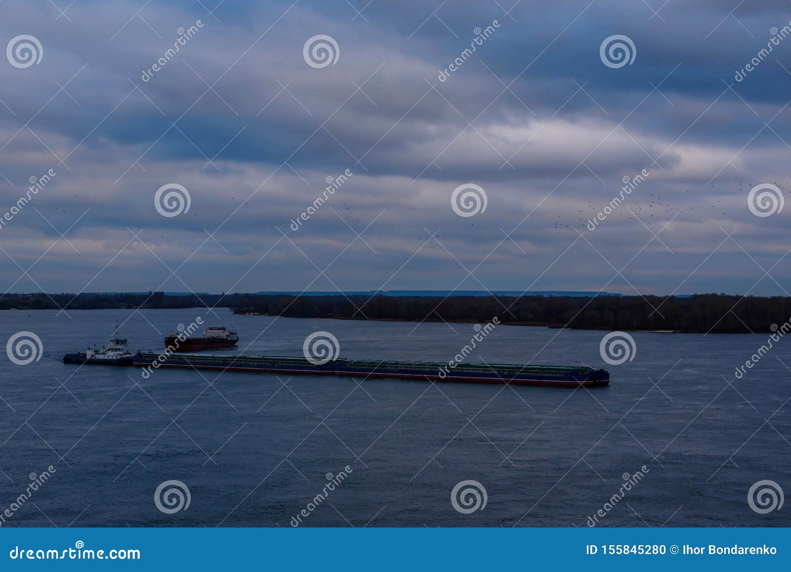 Big Barge and Ship on River Dnieper Stock Photo - Image of power ...