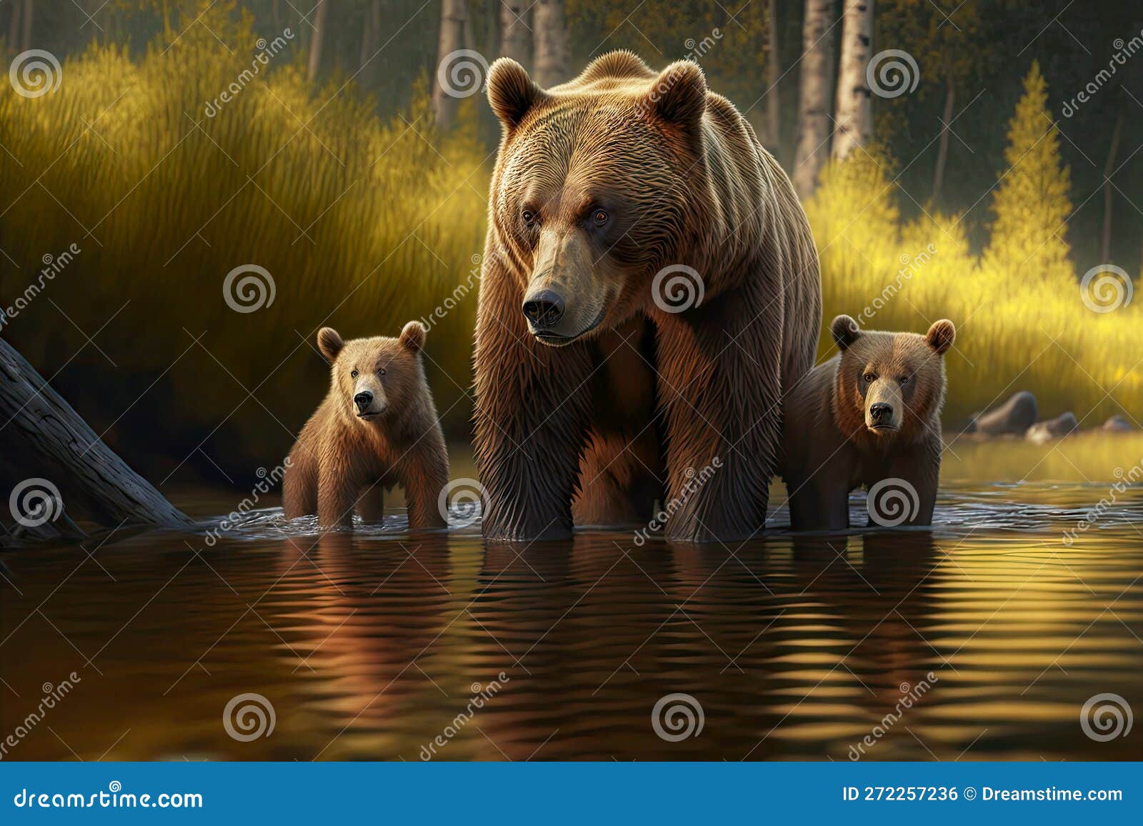 Big Bear with Cubs Has Gone into Water and is Looking Away Stock ...