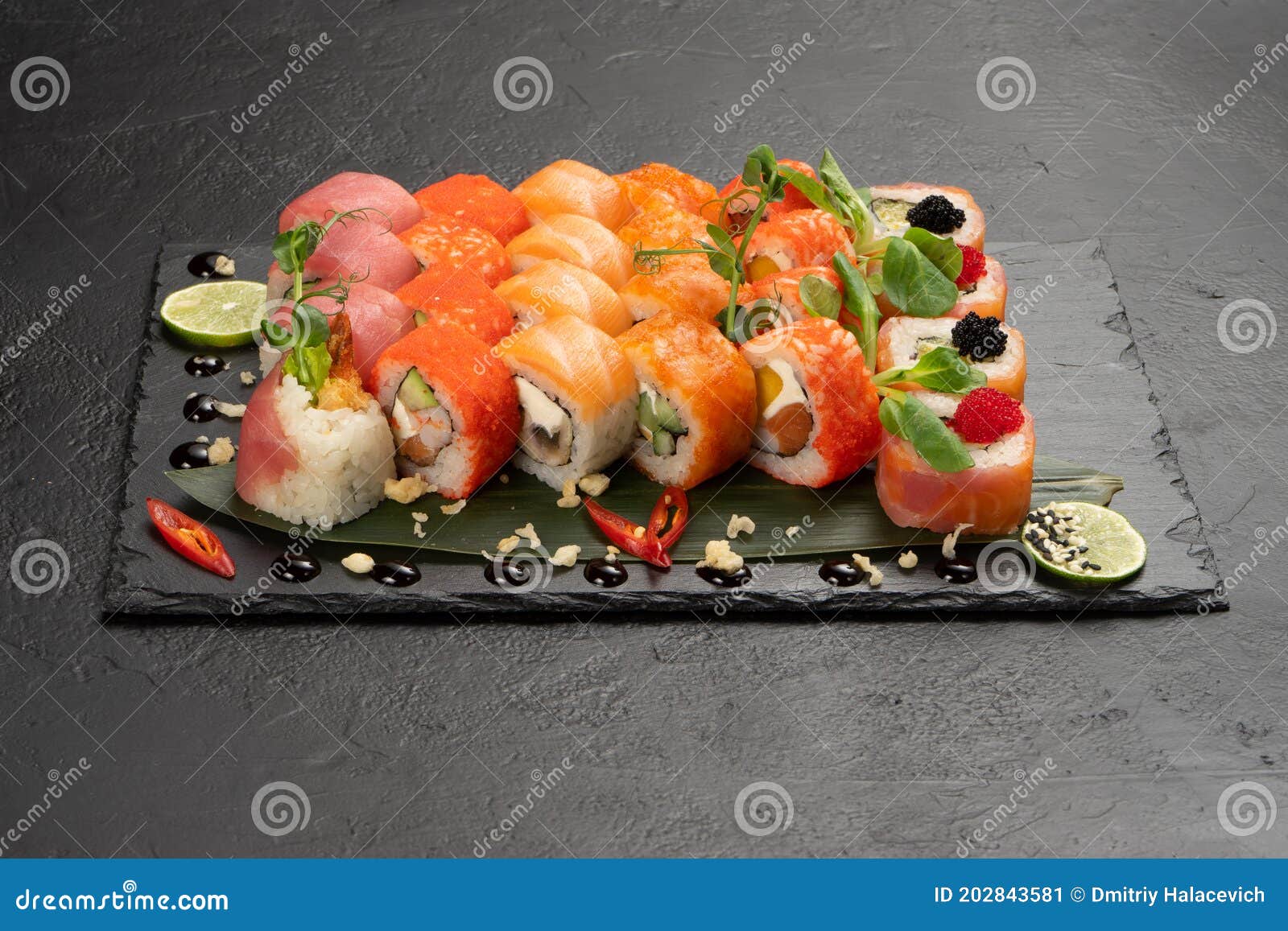 Big Beautiful Set of Different Types of Sushi Maki on a Black ...