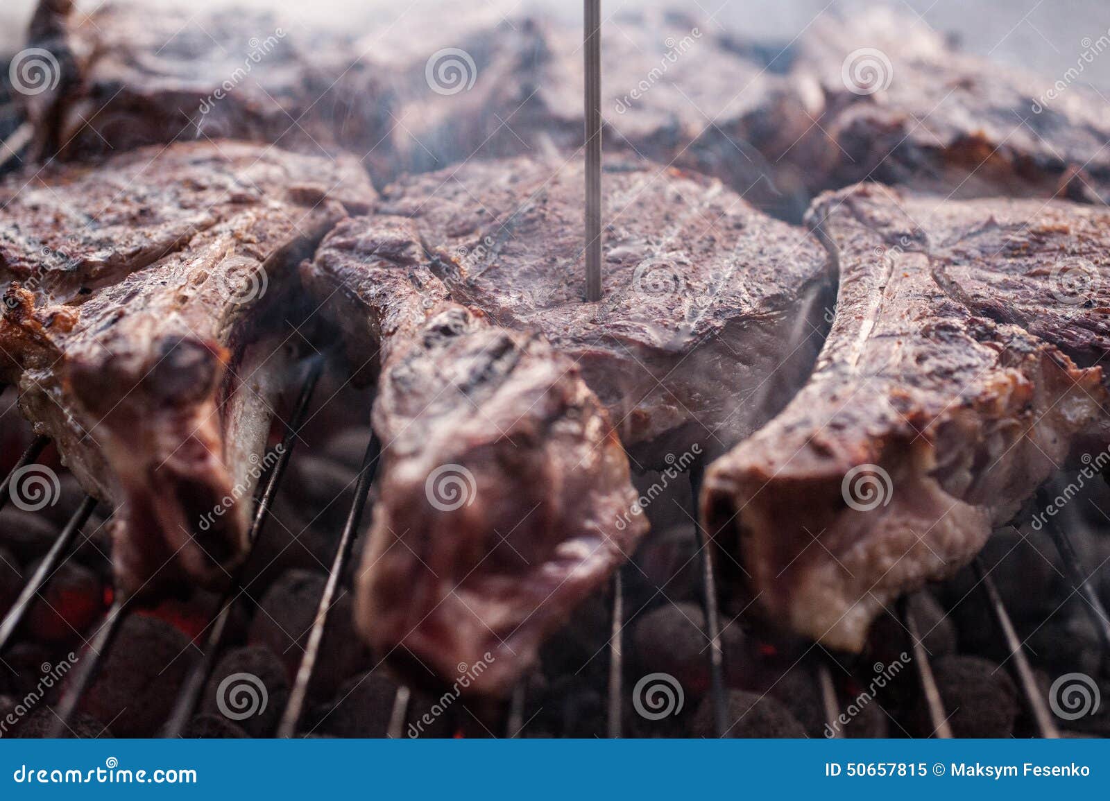 Big Beef Steaks on Bone Grilled Barbecue with Thermometer Stock Image ...