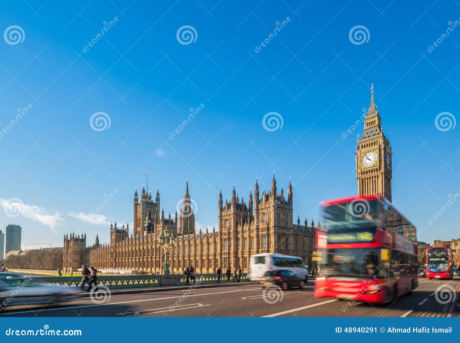 Big Ben and Blue Sky and Moving London Red Bus Stock Image - Image of ...