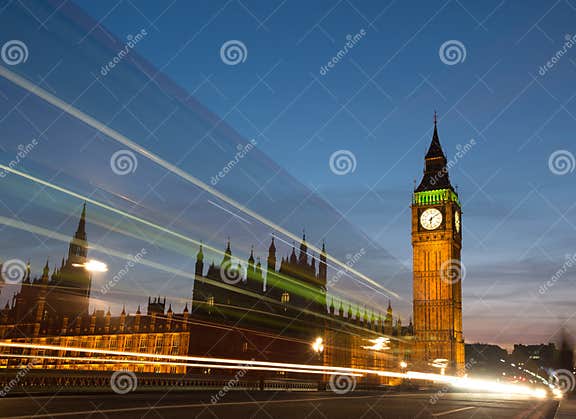Big Ben with light trails stock photo. Image of houses - 29523192