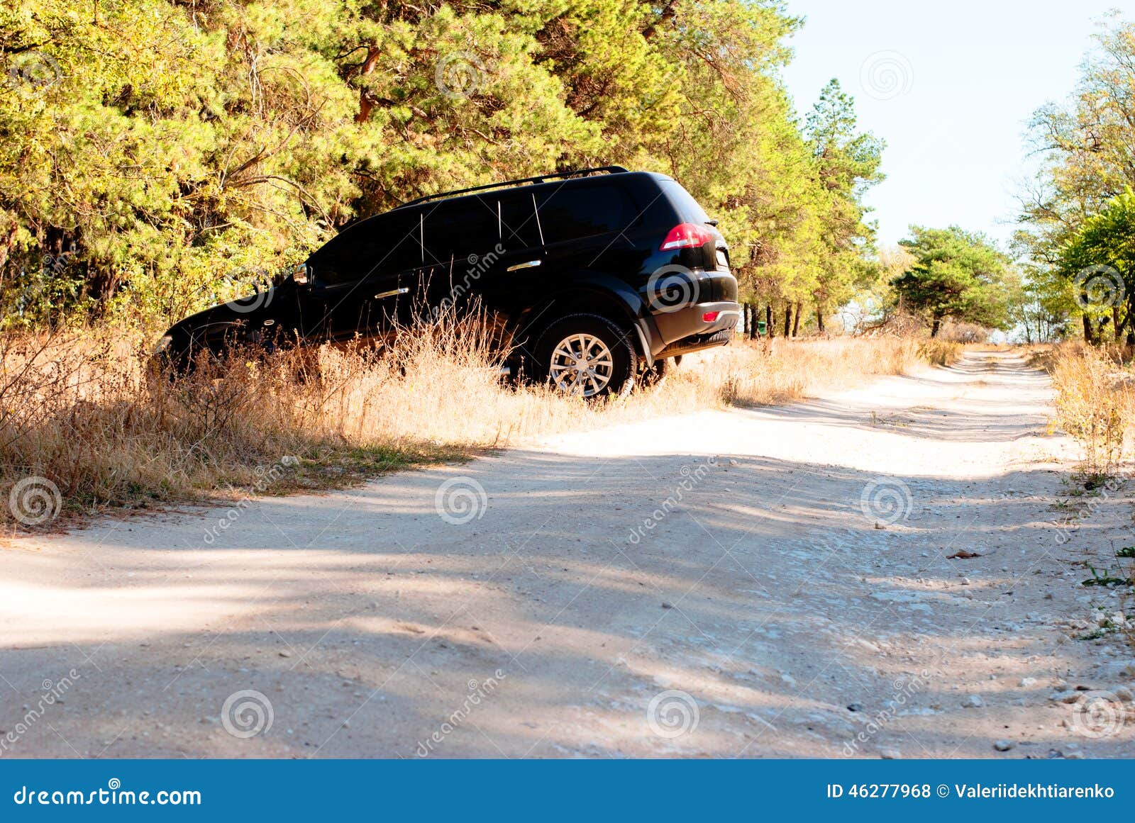 Big Black Car Drives Off the Forest Road Stock Photo - Image of grass ...