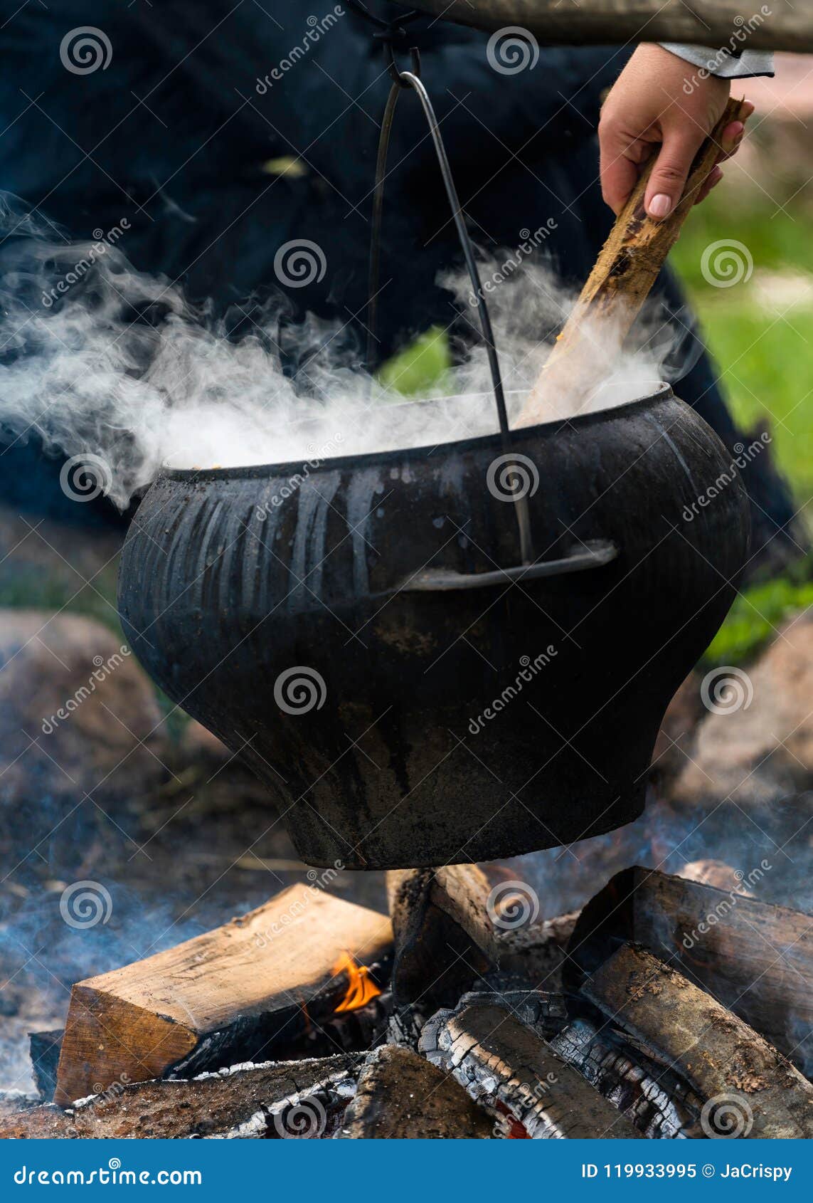 Big Black Cooking Pot on Fire Outdoors Stock Image - Image of fuel ...