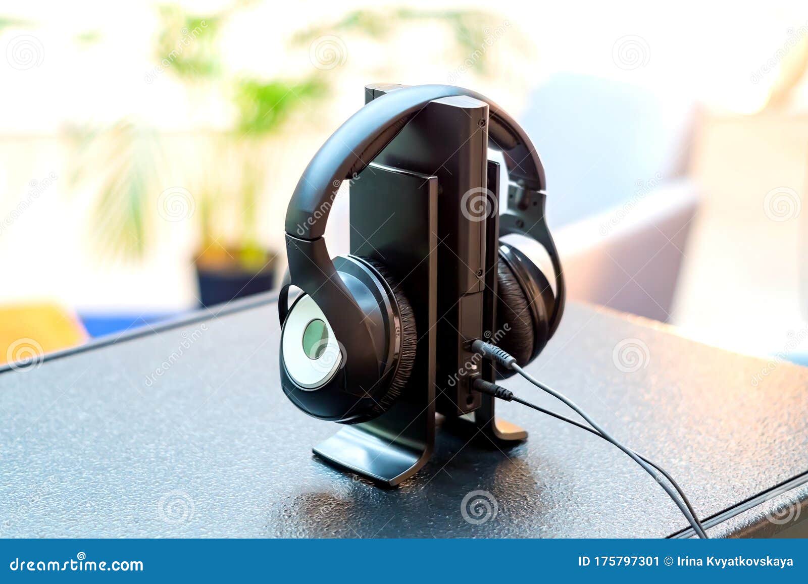Big Black Headphones Standing on Table Stock Image - Image of concept ...
