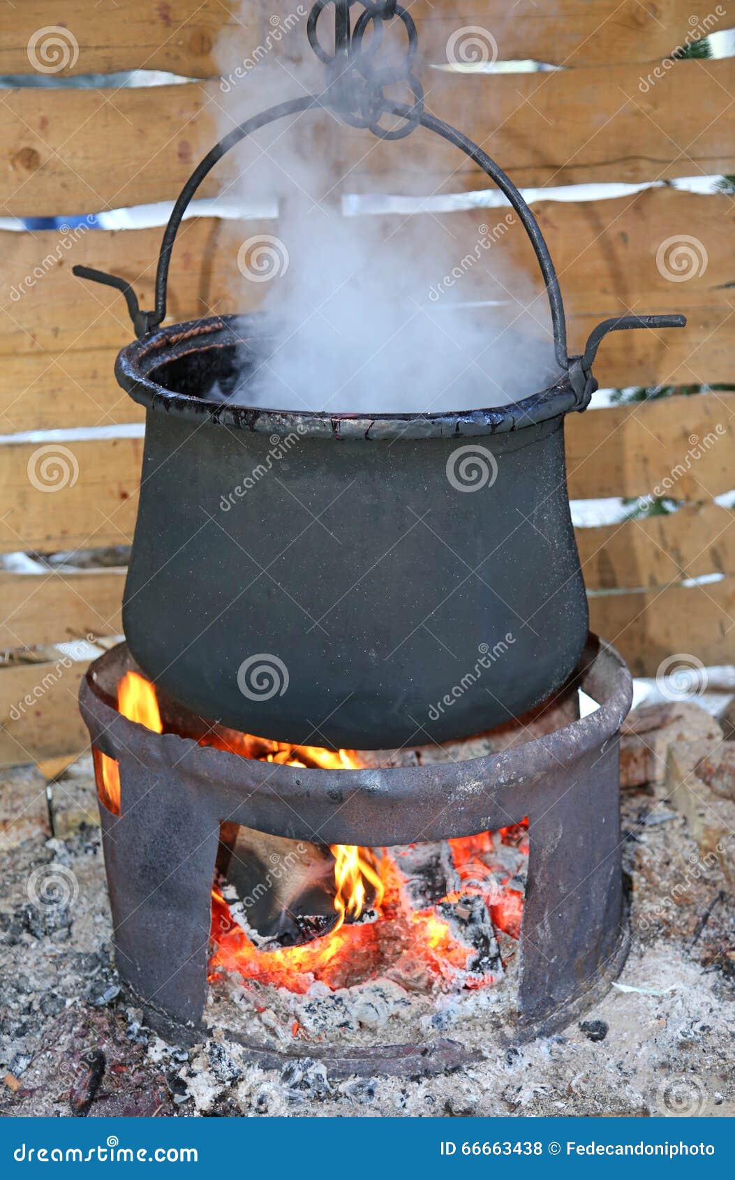 Big Black Pot with the Fire Lit and the Dense White Smoke Stock Photo ...