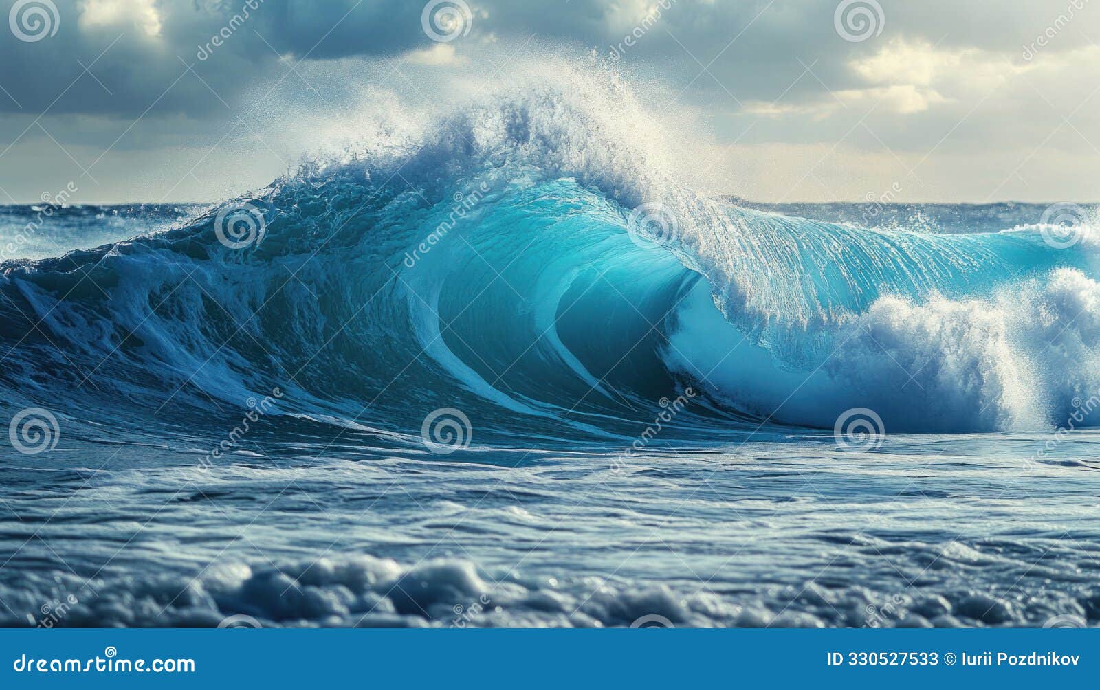 Big Blue Ocean Wave Curling and Breaking Under a Cloudy Sky Stock Image ...