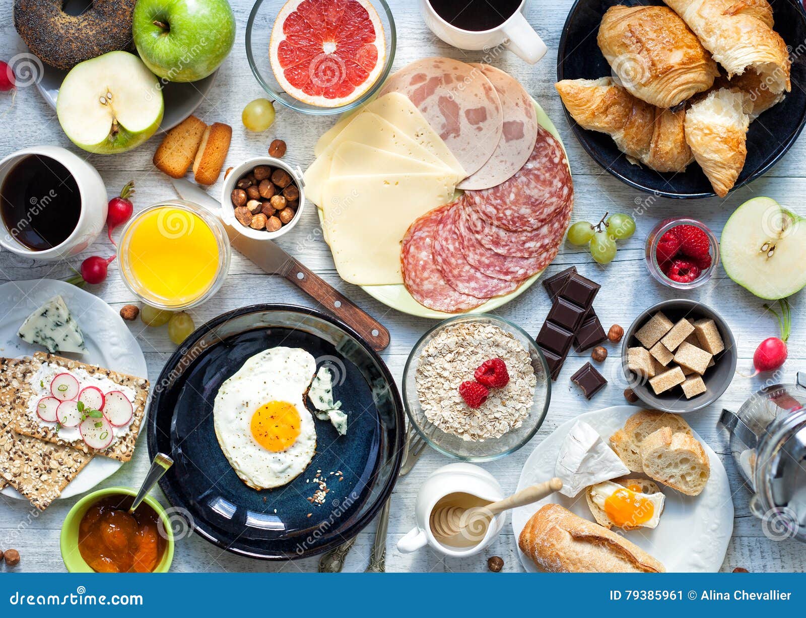 Big Breakfast on the White Rustic Table. Stock Image - Image of eggs ...