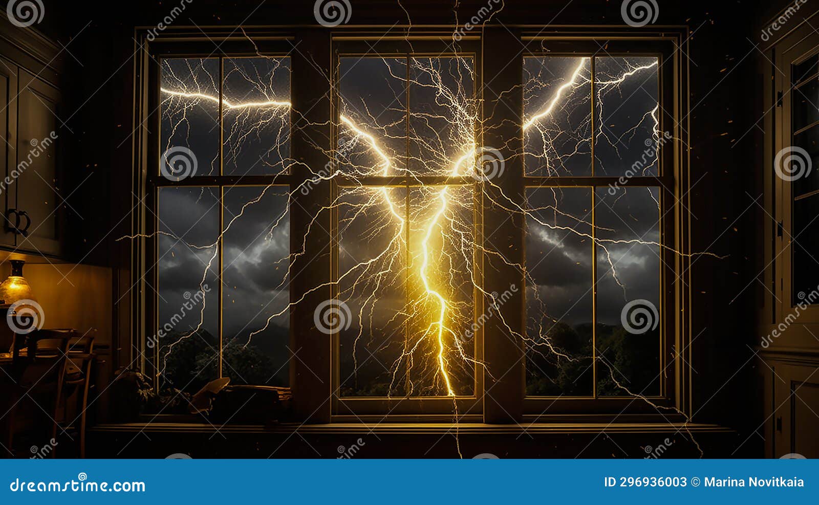 Big and Bright Lightning Strike. Bright Flash Outside the Window of the ...