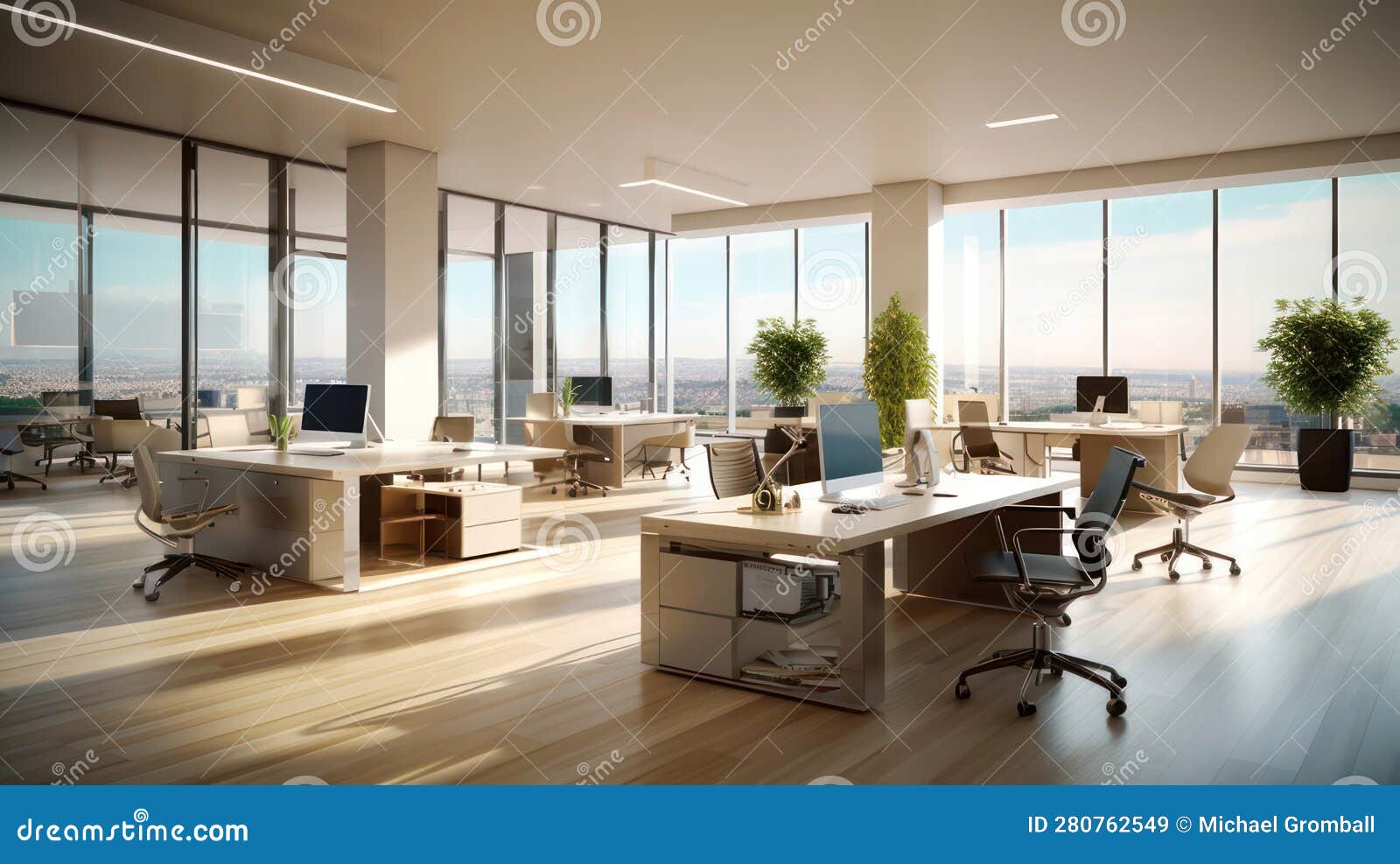 Big Bright Modern Office with Computer Screens, Desks and Chairs ...