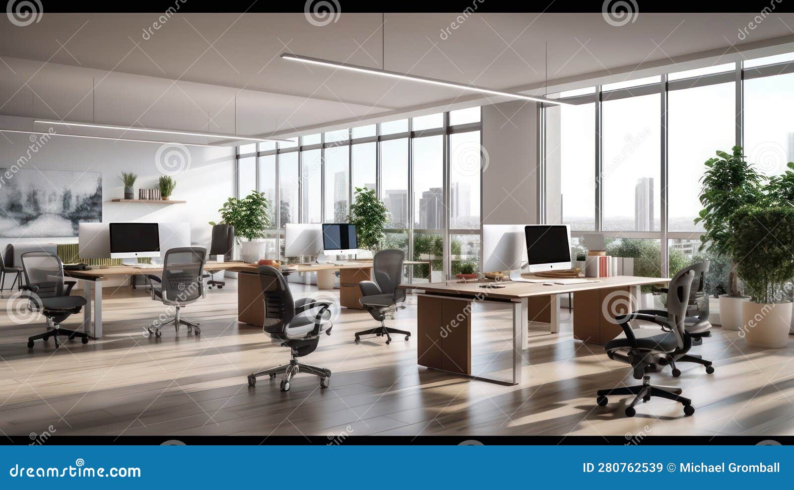 Big Bright Modern Office with Computer Screens, Desks and Chairs ...