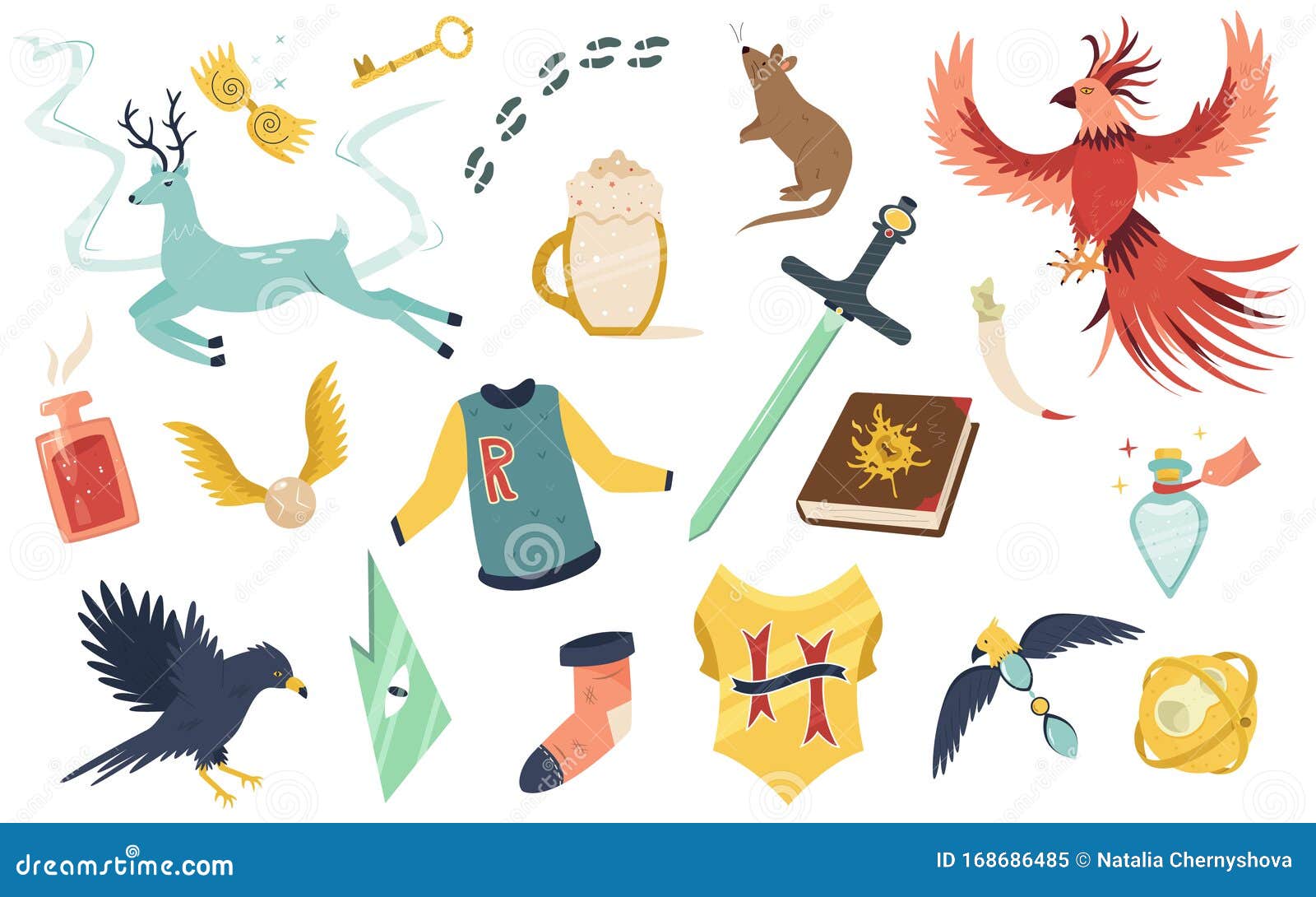 Big Bright Set with Magic Creatures and Items Stock Vector ...