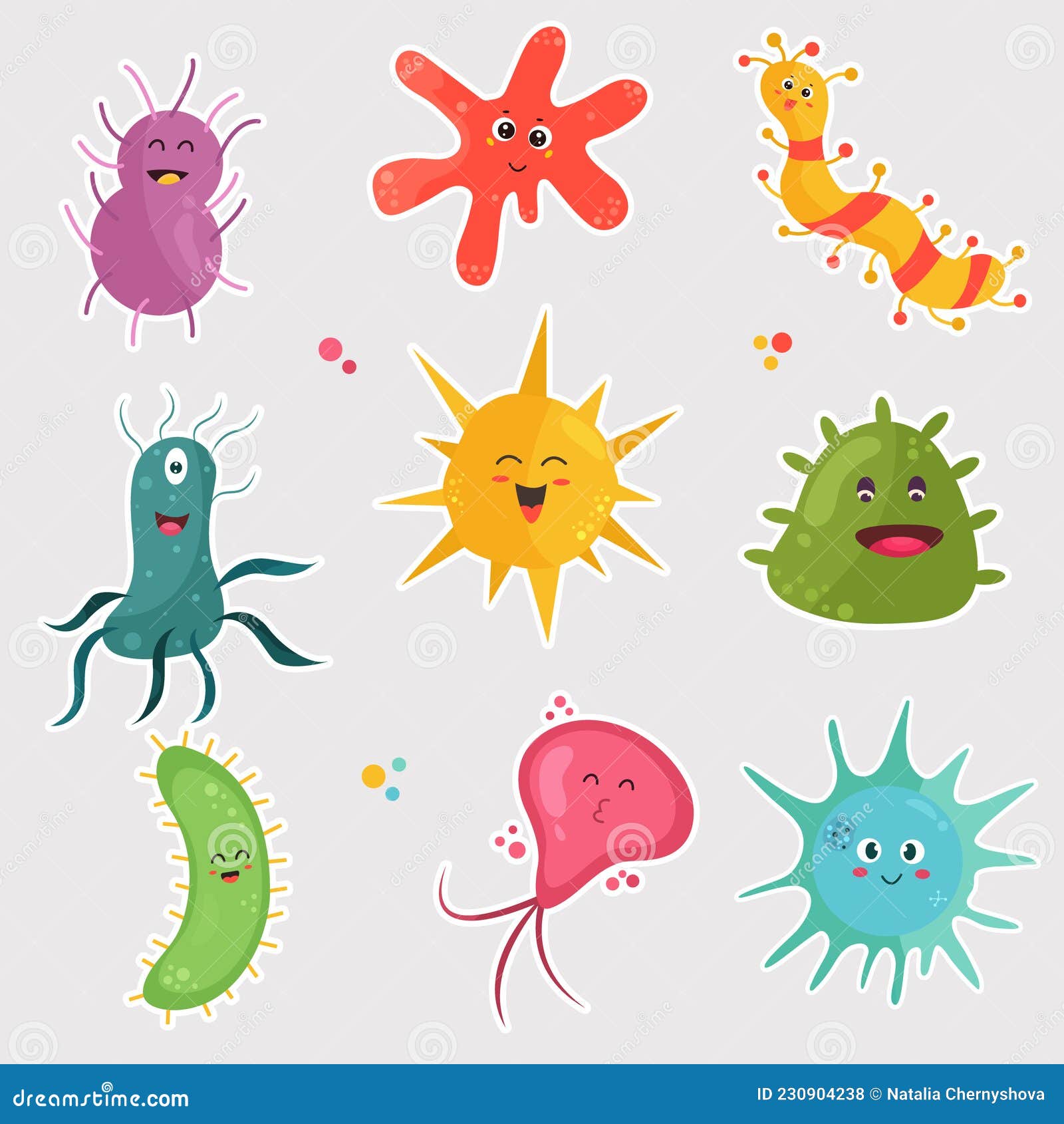Big Bright Stickers Set with Cute Happy Bacterias Stock Vector ...