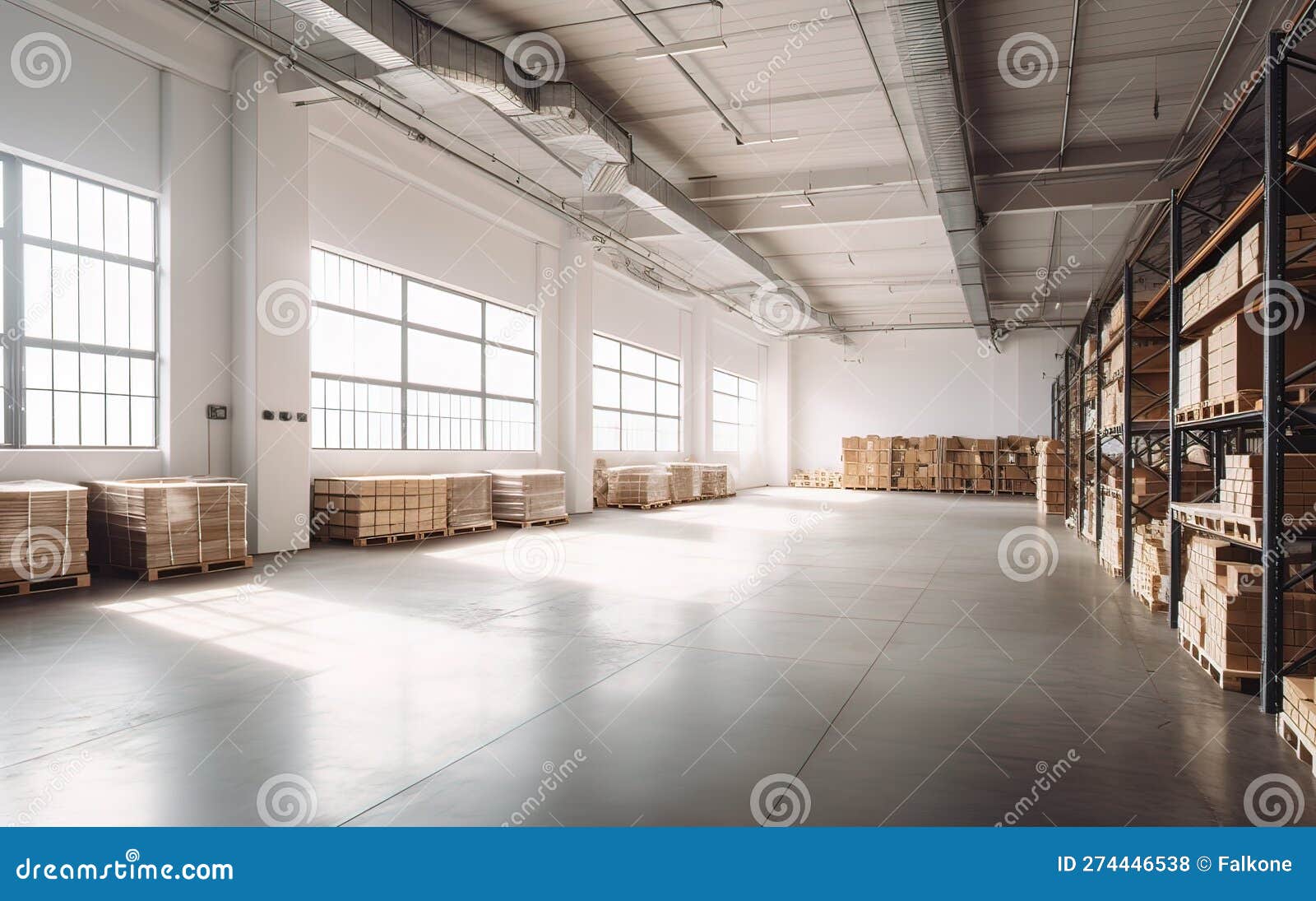 Big Bright Warehouse with Boxes Stock Illustration - Illustration of ...
