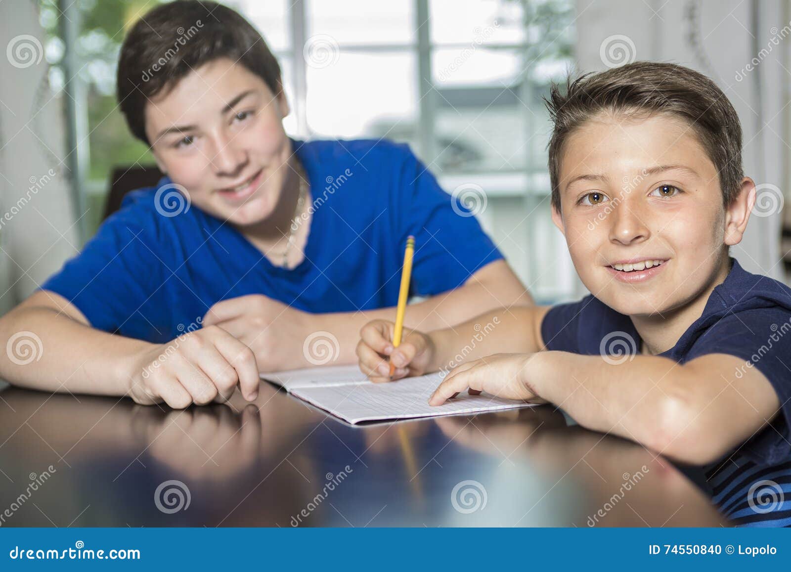 Big Brother Trains the Younger Stock Photo - Image of textbook, school ...