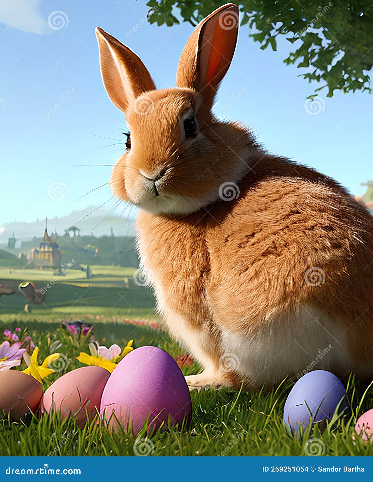 Big Brown Easter Bunny with Colorful Eggs. Stock Photo - Image of ...