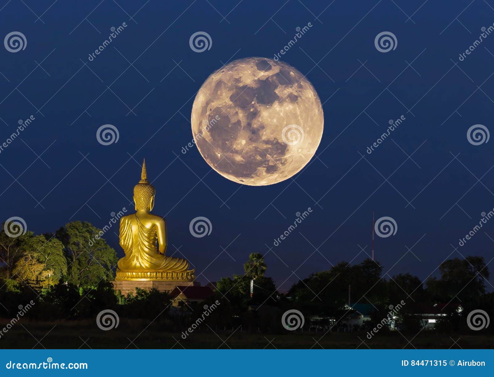 Big Buddha Statue in Temple at Night with Super Moon Stock Image ...