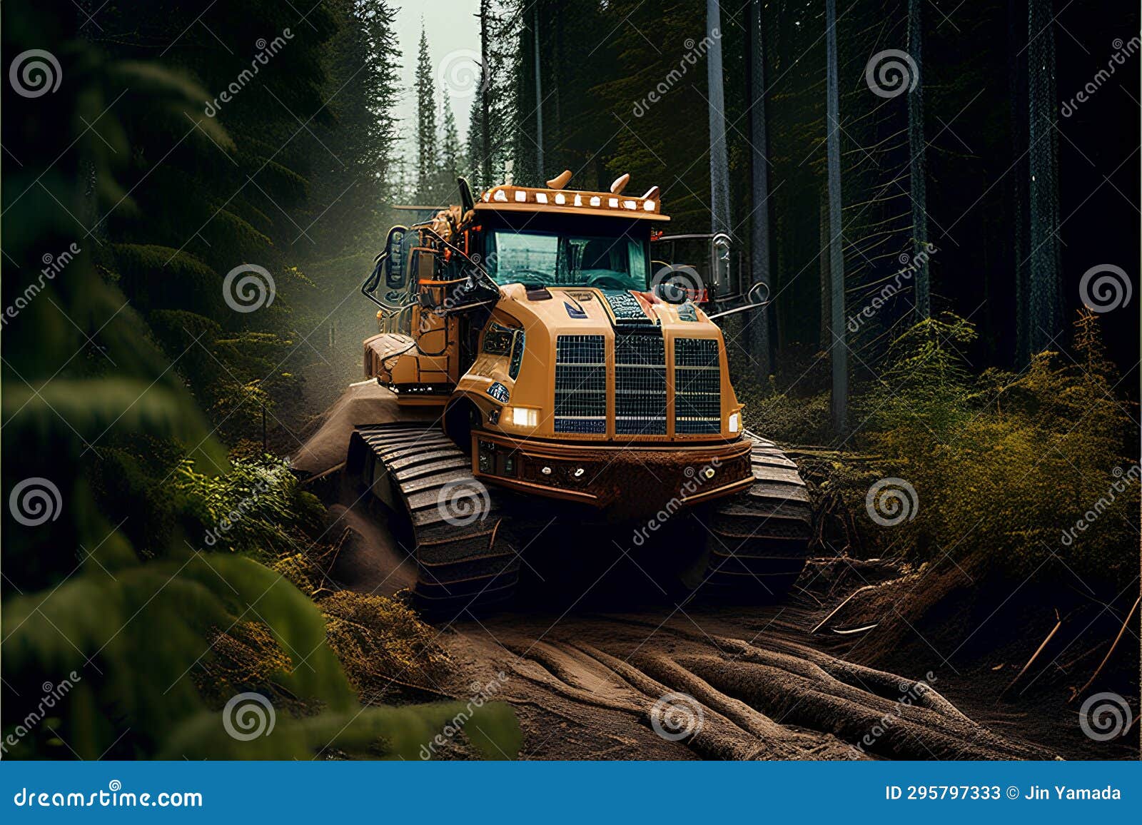Big Bulldozer in the Forest. 3D Rendering. Toned Stock Illustration ...