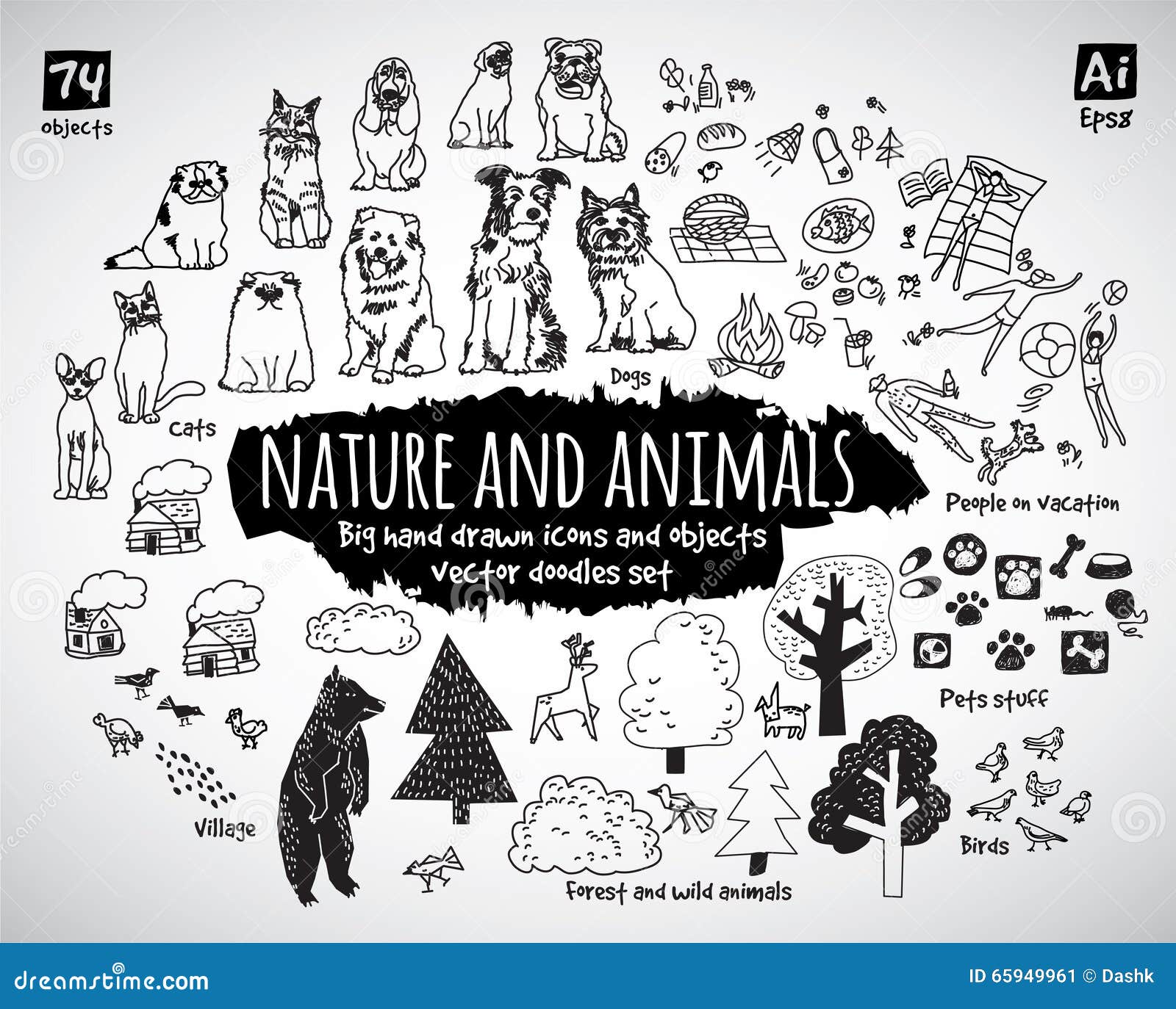 Big Bundle Animal and Nature Doodles Icons Objects. Stock Vector ...