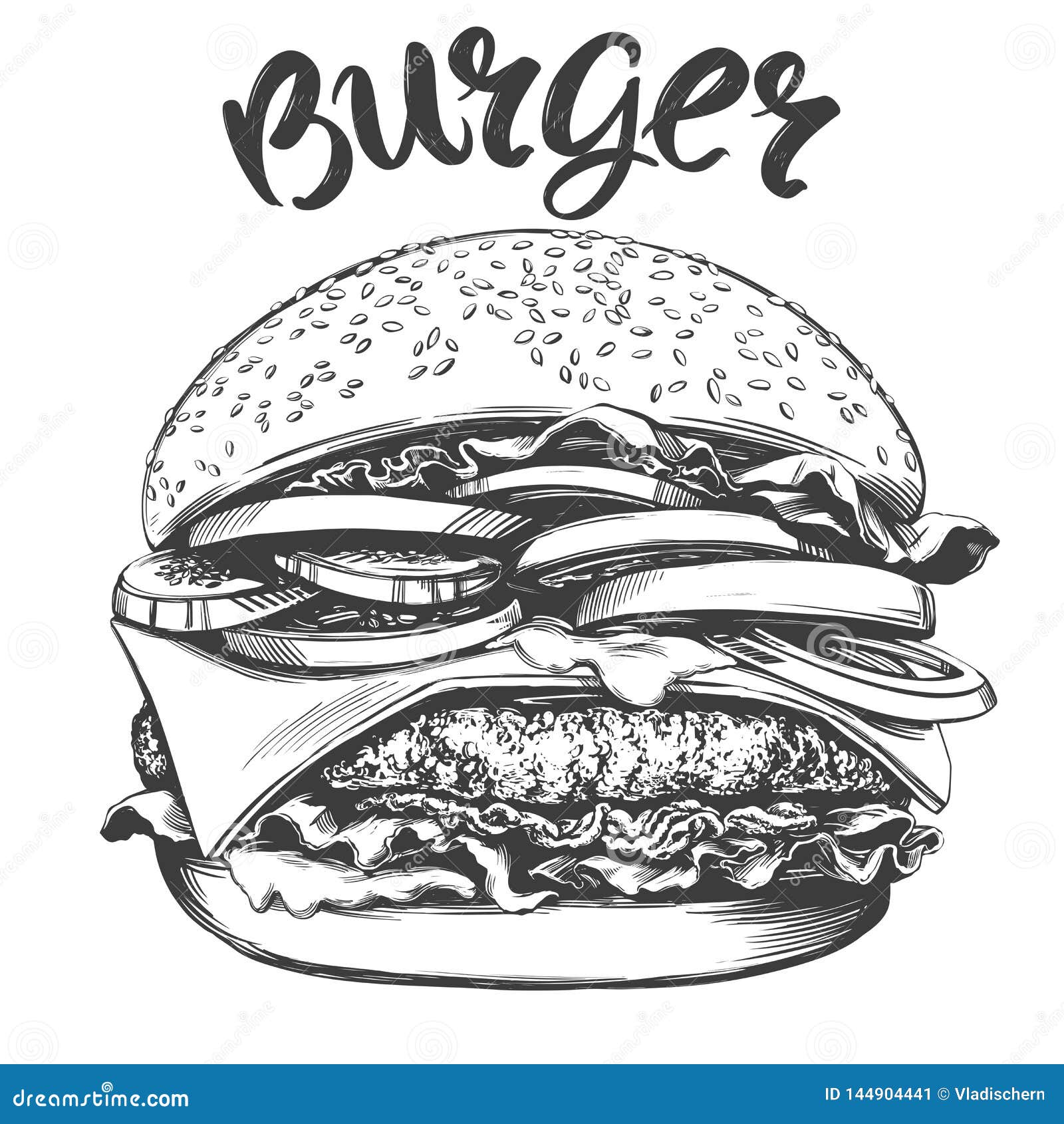 Big Burger, Hamburger Hand Drawn Vector Illustration Realistic Sketch ... Big Burger, Hamburger Hand Drawn Vector Illustration Realistic Sketch ...