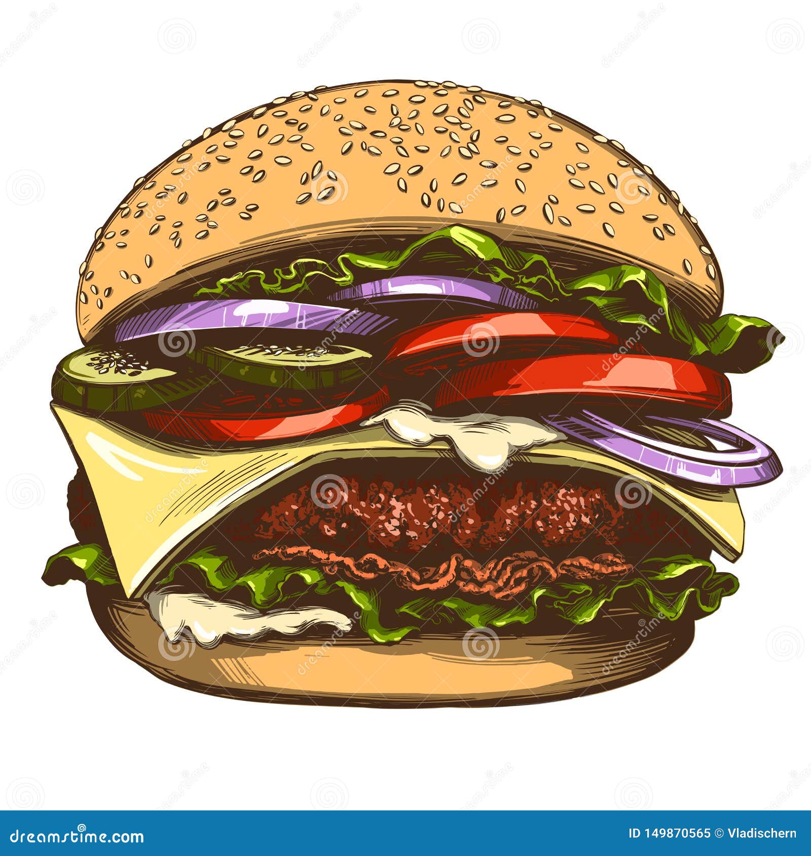 Big Burger, Hamburger Hand Drawn Vector Illustration Realistic Sketch ... Big Burger, Hamburger Hand Drawn Vector Illustration Realistic Sketch ...