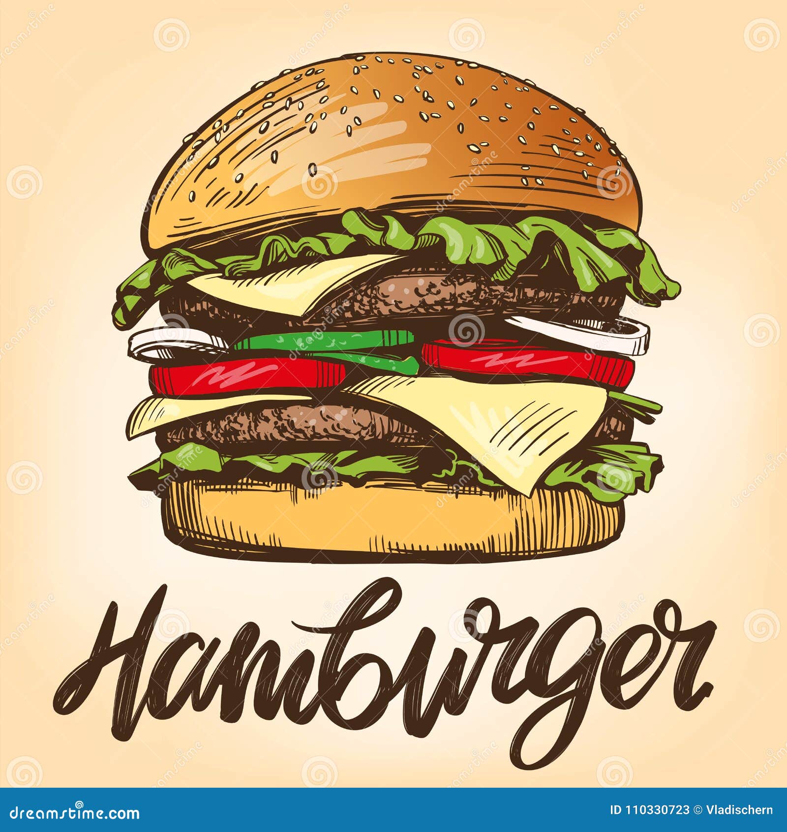 Big Burger, Hamburger Hand Drawn Vector Illustration Sketch Retro Style ... Big Burger, Hamburger Hand Drawn Vector Illustration Sketch Retro Style ...