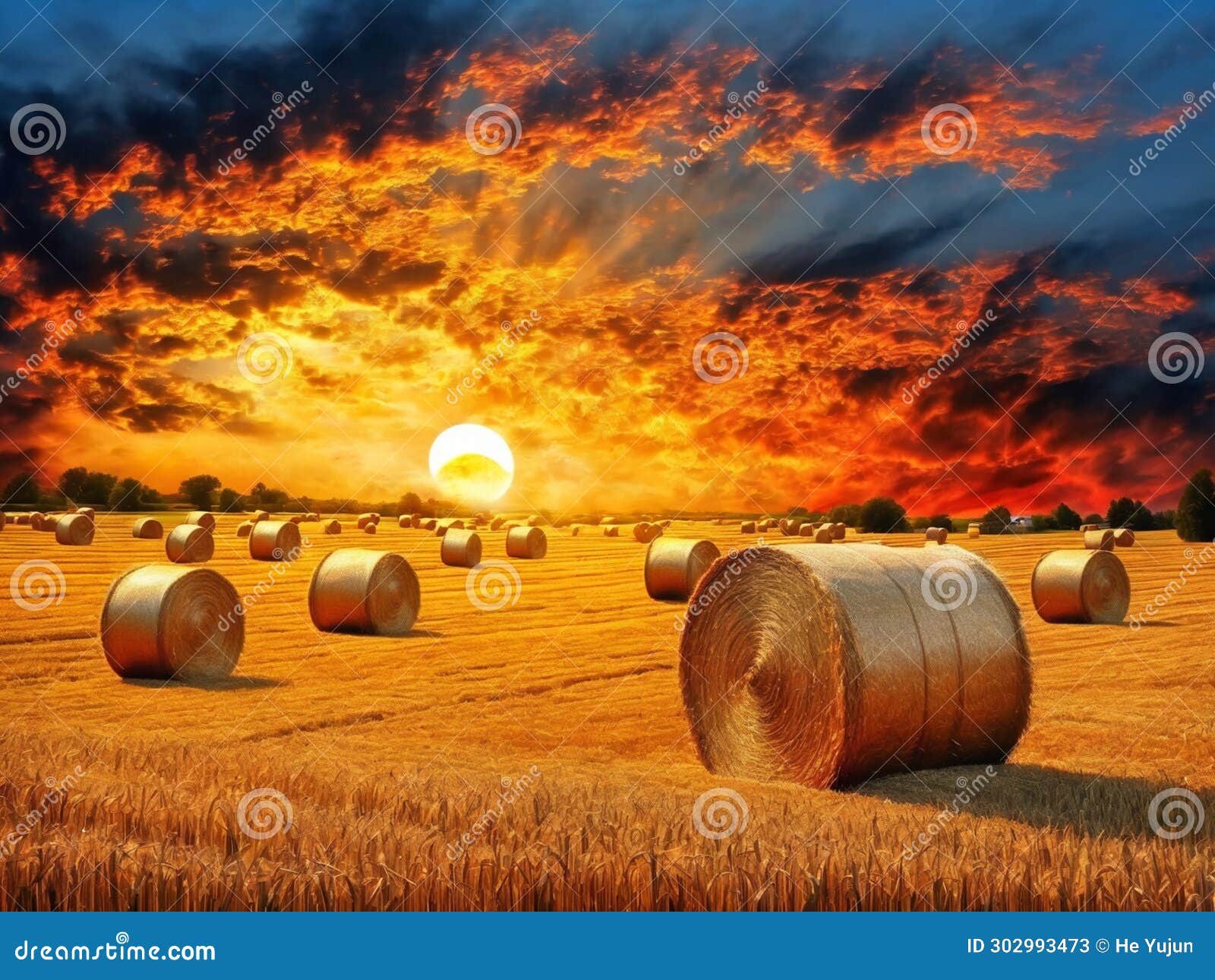 The Big Burning Sunset Over Farm Field with Hay Bales, AI Generated ...
