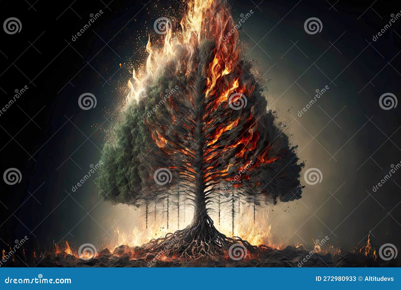 Big Burning Tree during Environmental Disaster with Forest Wildfire ...