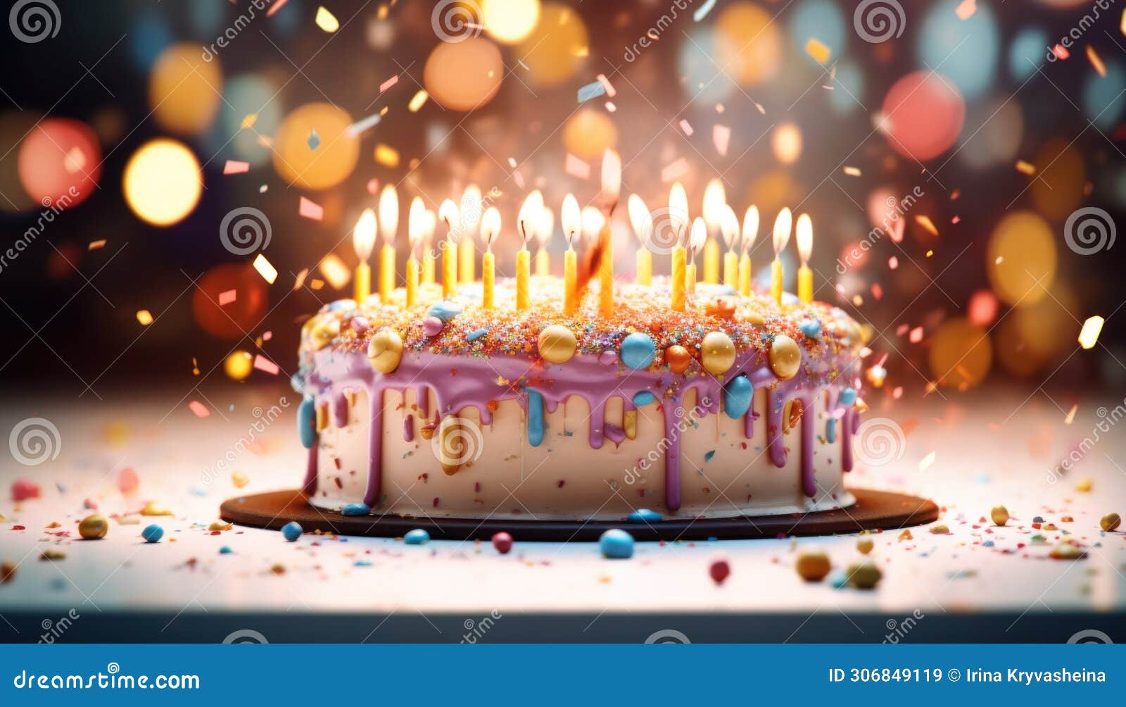 A Big Cake with Multiple Candles is Sitting on a Counter Stock Image ...