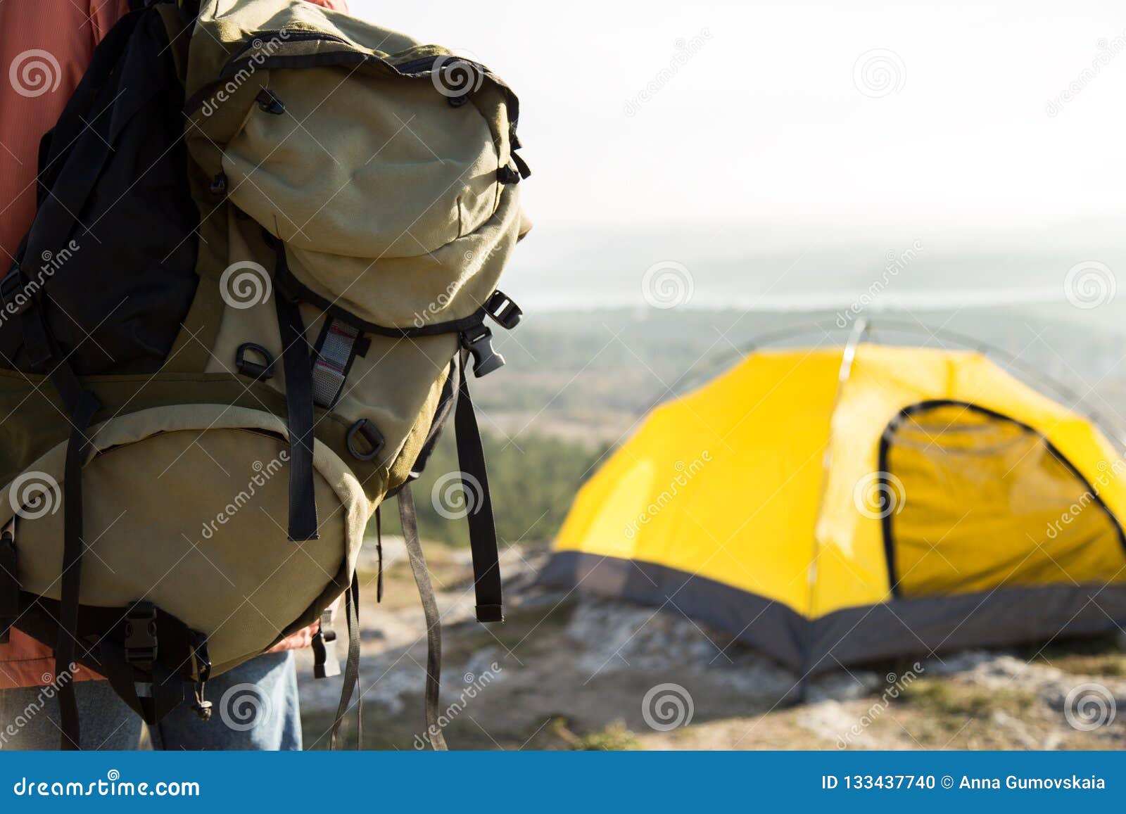 Camping backpack and tent stock photo. Image of nature - 133437740