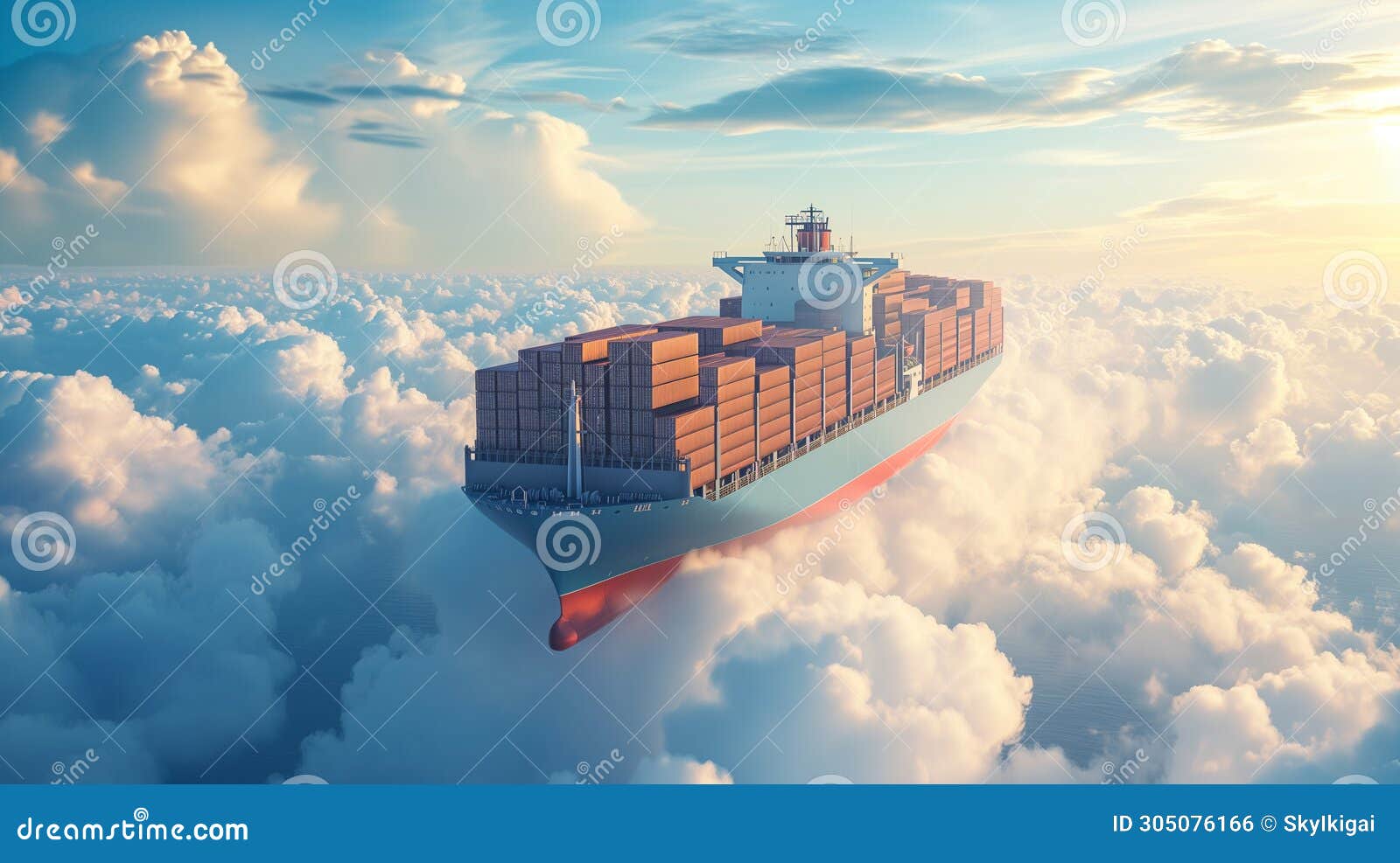 Big Cargo Container Ship Flying in the Sky among the Clouds Stock Photo ...