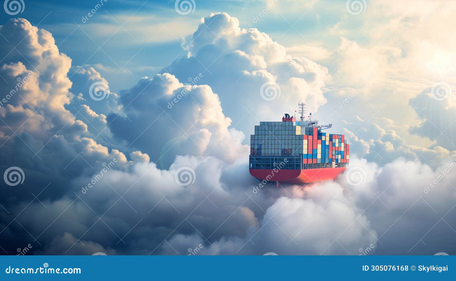 Big Cargo Container Ship Flying in the Sky among the Clouds Stock Photo ...