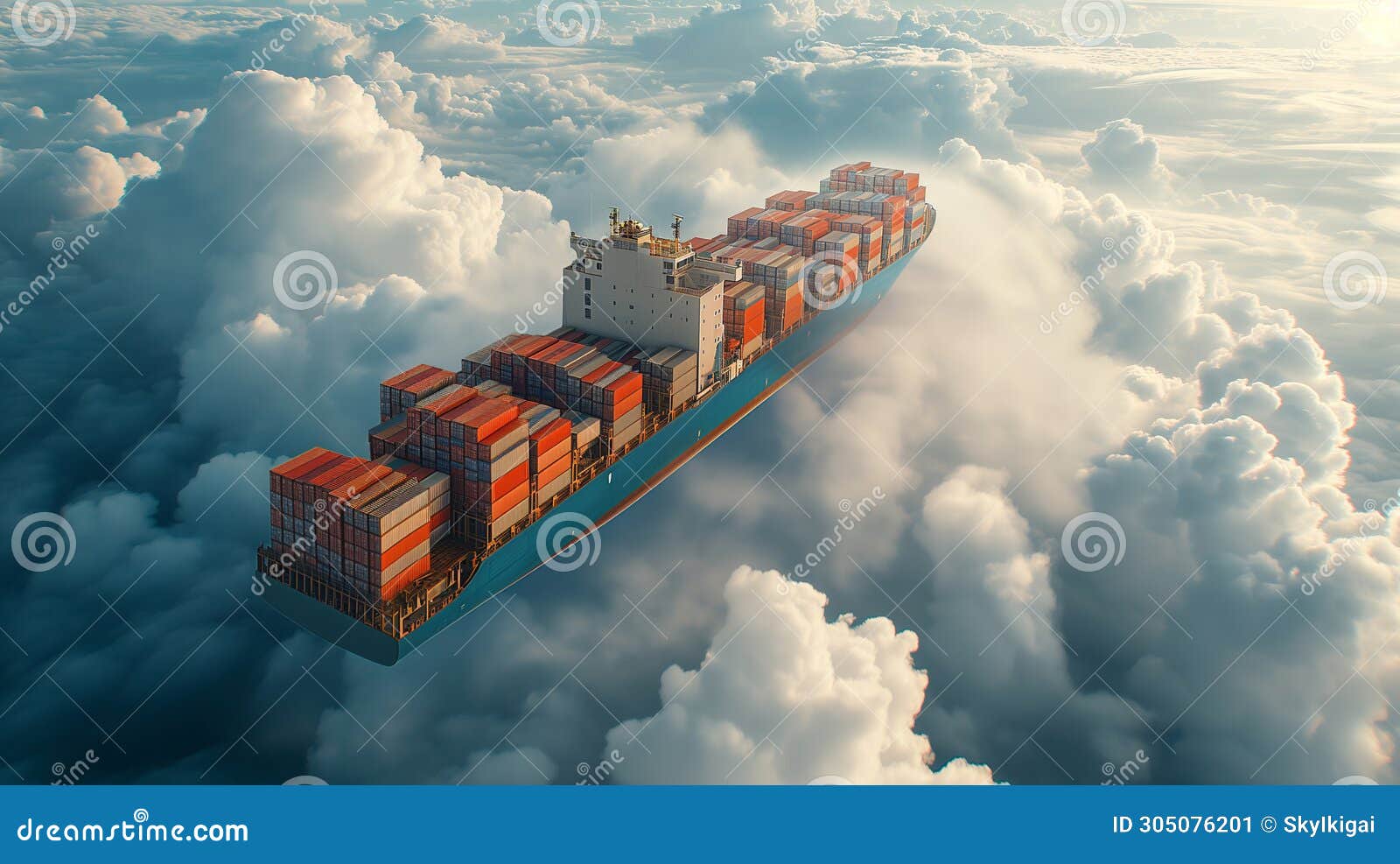 Big Cargo Container Ship Flying in the Sky among the Clouds Stock ...