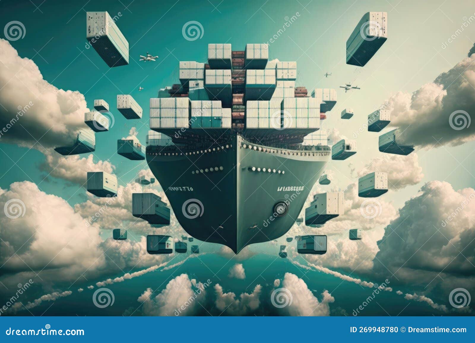Big Cargo Container Ship Flying in the Sky among the Clouds. Generative ...