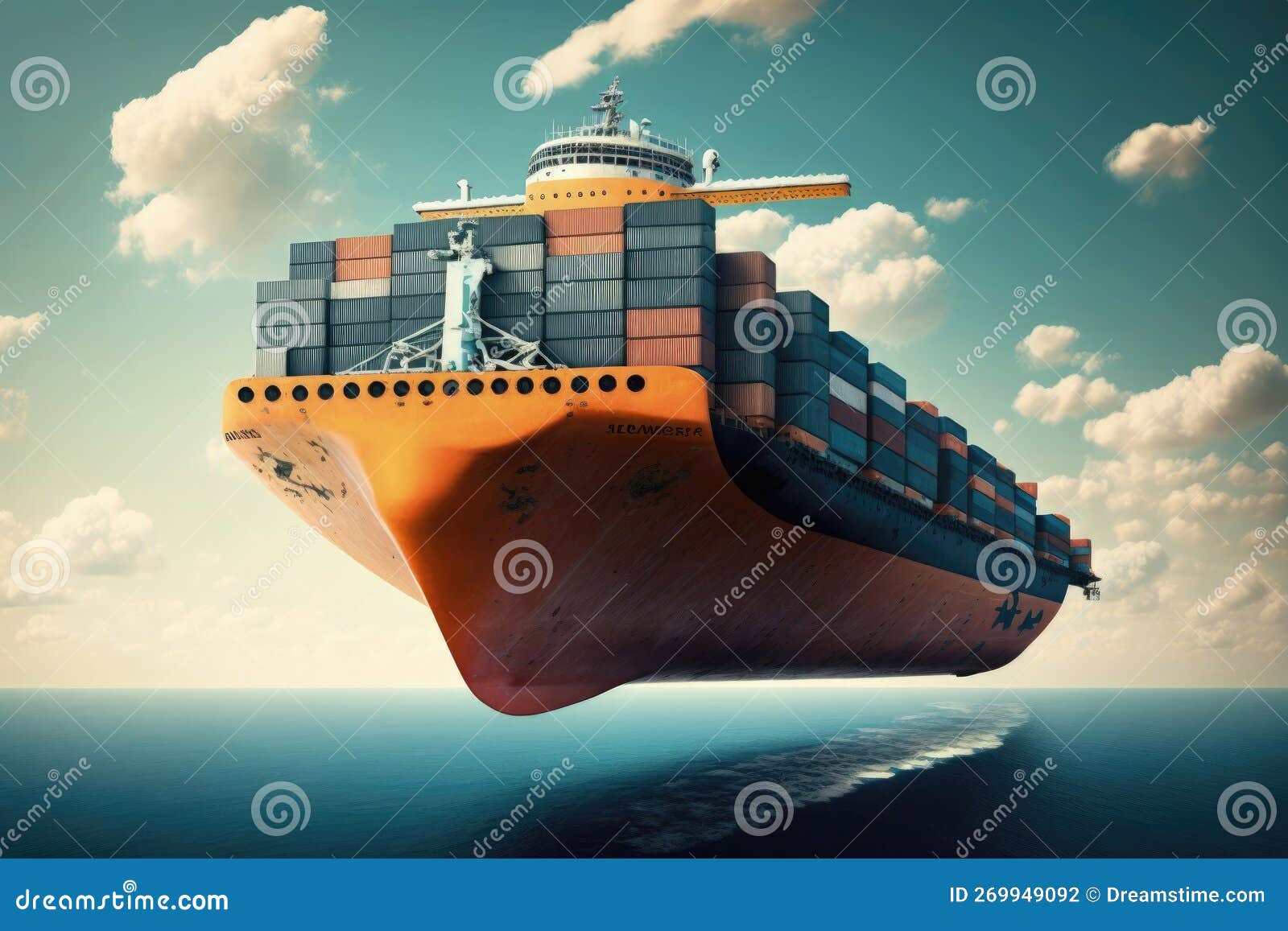 Big Cargo Container Ship Flying in the Sky among the Clouds. Generative ...