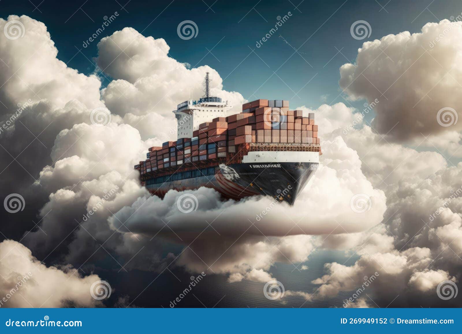 Big Cargo Container Ship Flying in the Sky among the Clouds. Generative ...