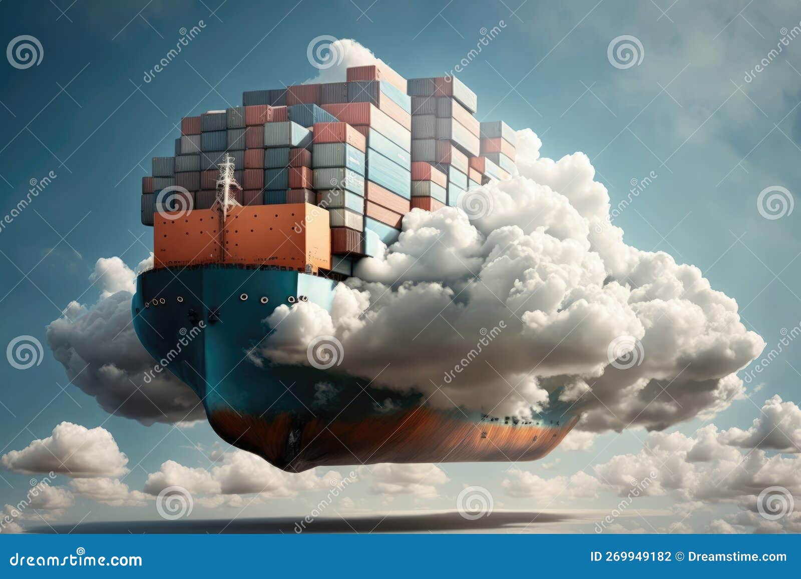 Big Cargo Container Ship Flying in the Sky among the Clouds. Generative ...