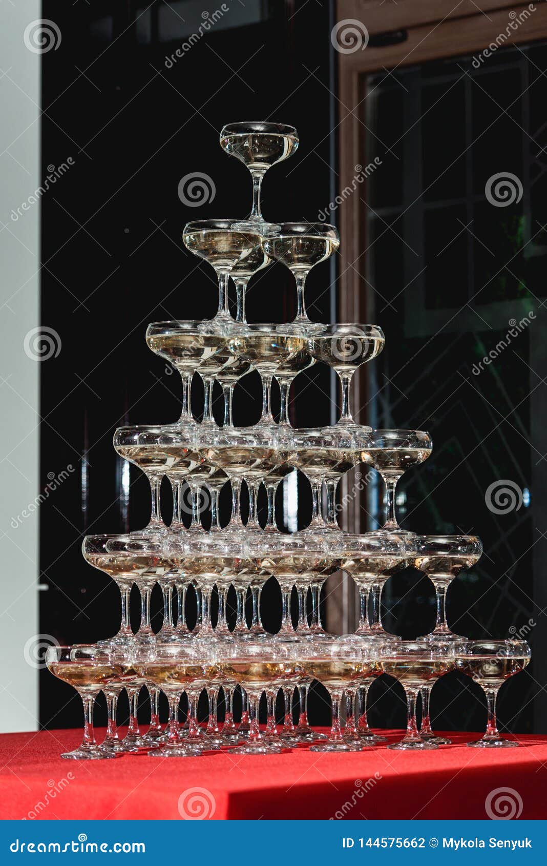 Big Champagne Tower on a Red Table Stock Photo - Image of anniversary ...